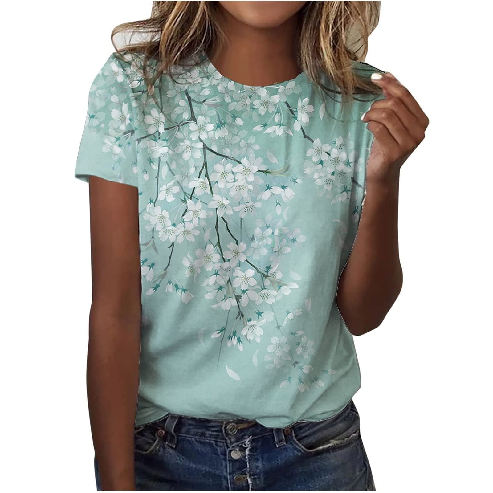 Womens short Sleeve Tops Petite Summer Ethnic Floral Slim Ladies Tops ...