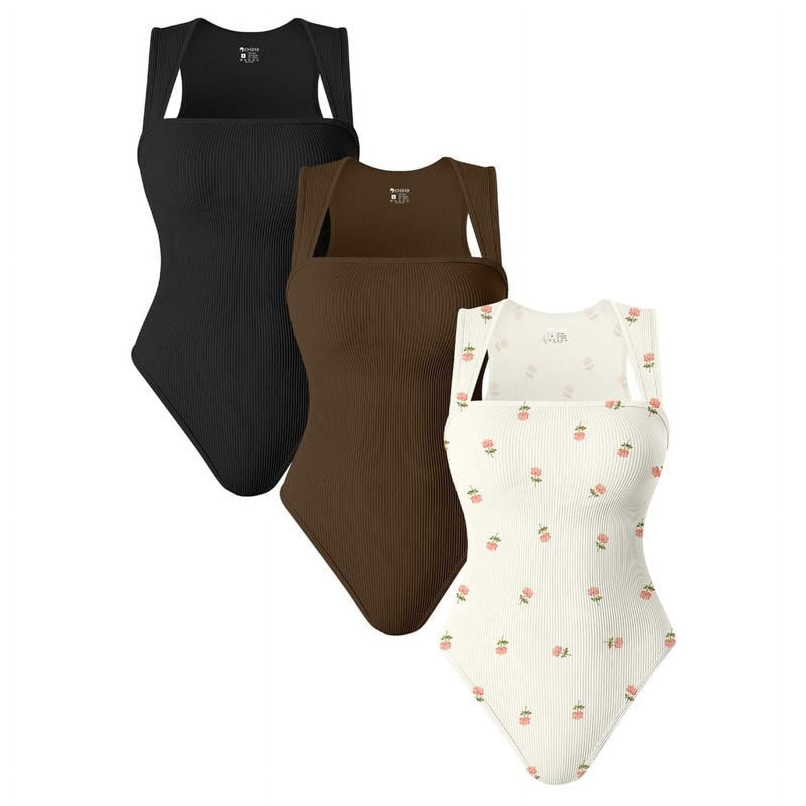 Womenswear 3 Piece Bodysuits Stretchy Underwear Sexy Ribbed Square Neck ...