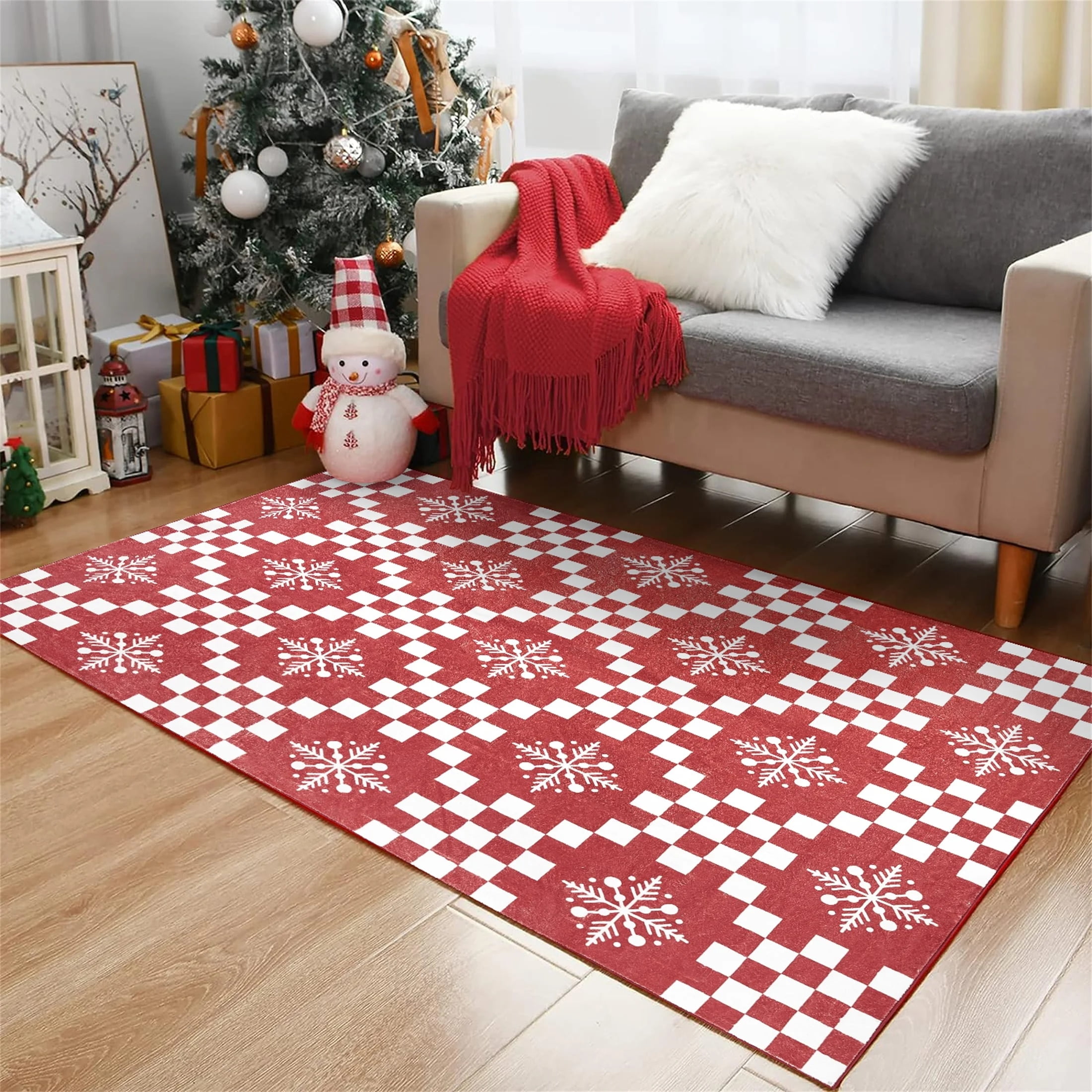 Berthmeer Christmas Red and White Snowflake Rug, Washable Polyester ...