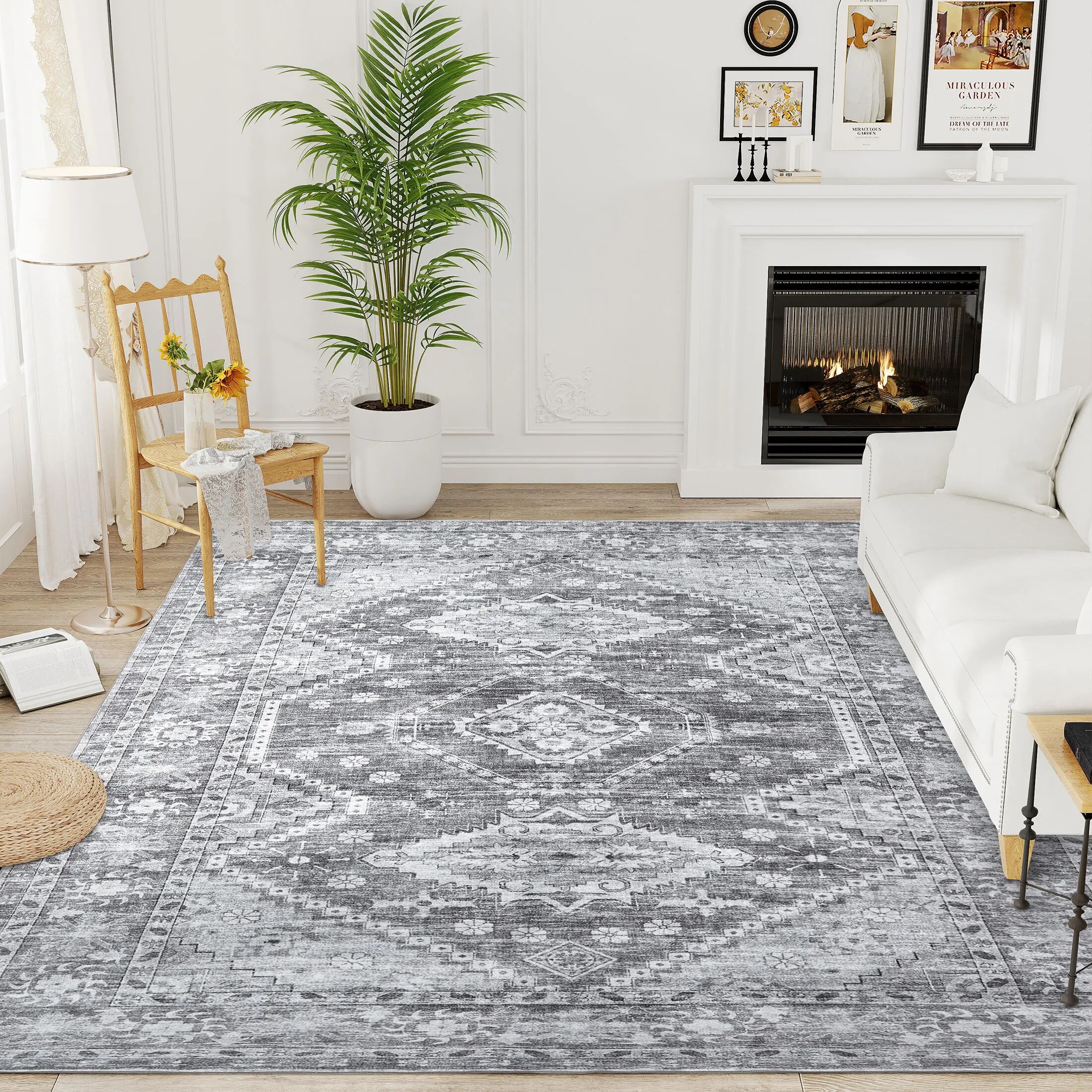 WondRg 5'x7' Gray Rug for Living/Dining Room, Bedroom, Washable Vintage ...