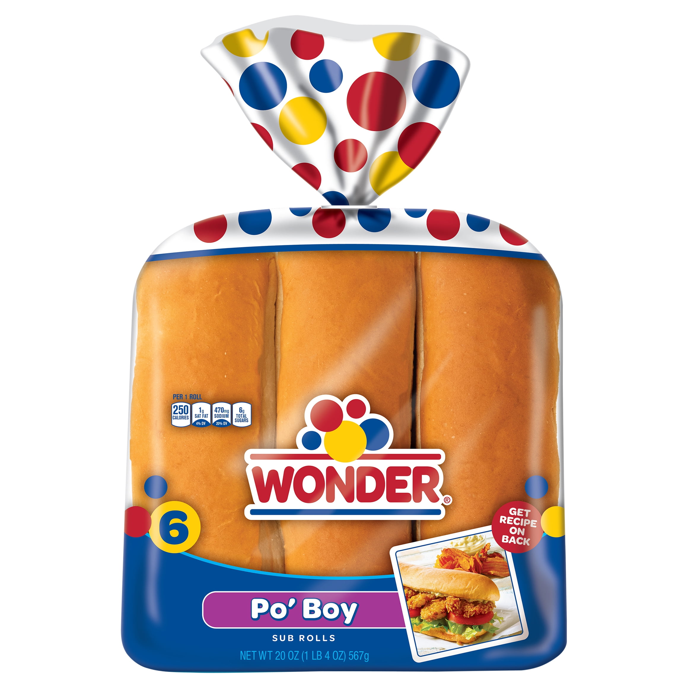 Wonder Bread Po' Boy Sub Rolls, White Bread Sandwich Rolls, 6 Count ...