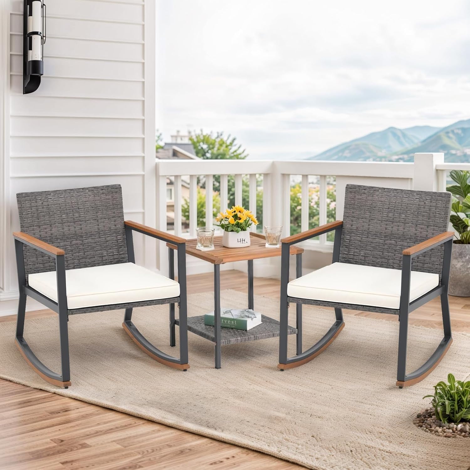Wonder Comfort 3 Pieces Rocking Bistro Set, Patio Rattan Furniture ...