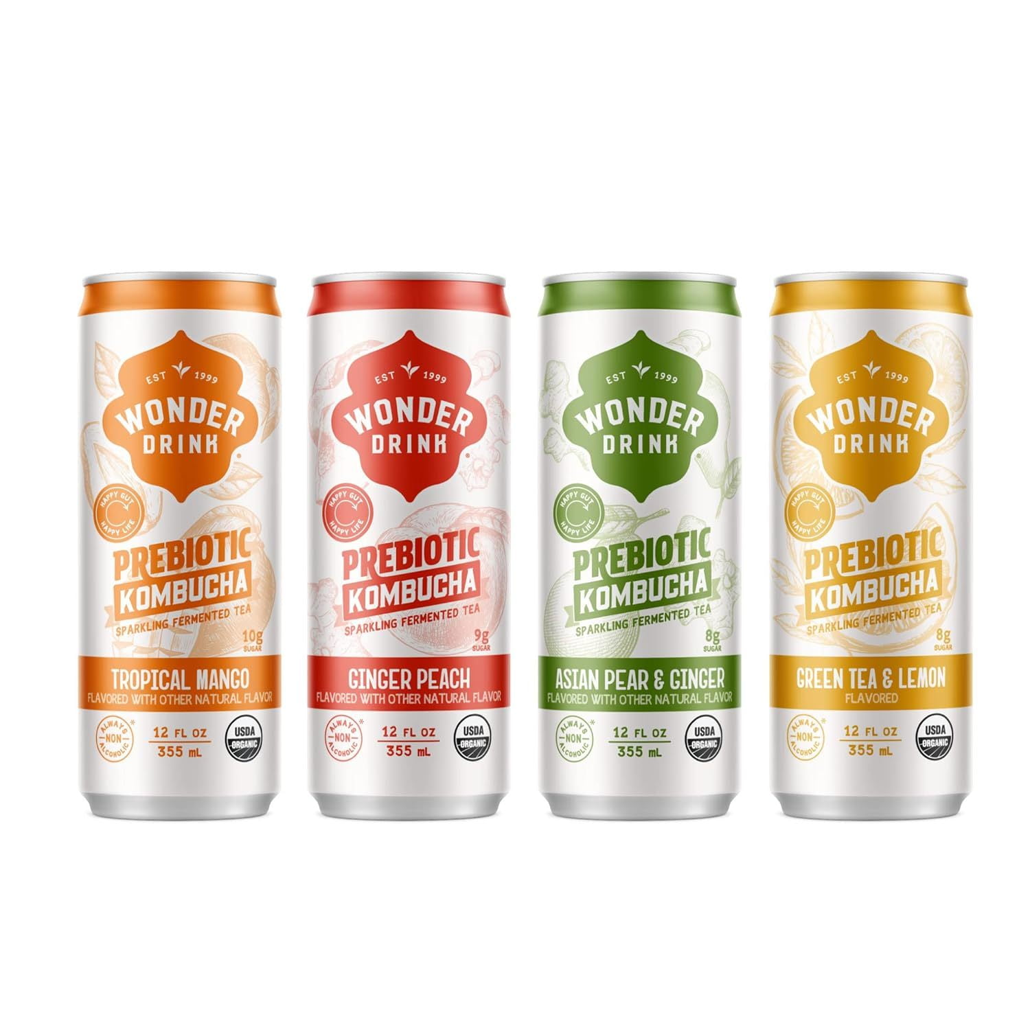 Wonder Drink Organic Kombucha, Low-Sugar Sparkling Fermented Tea, Non ...