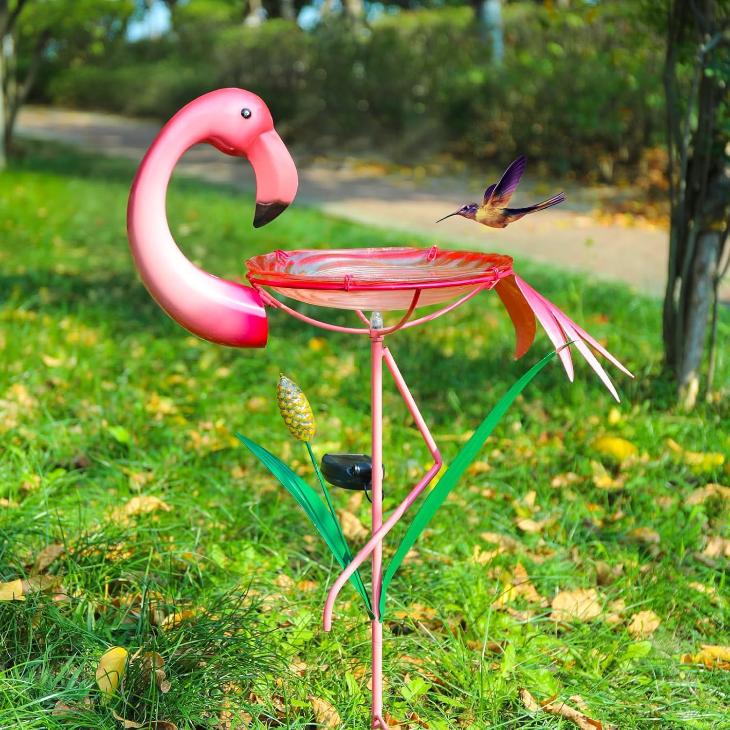 Flamingo Glass Solar Bird Bath-Solar Lights, Glass Birdbaths Birdfeeder ...