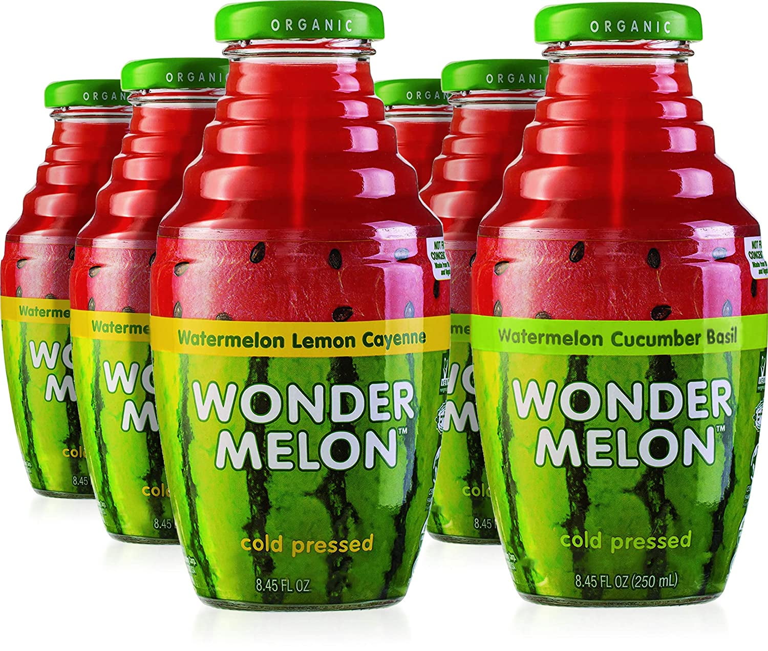 Wonder Melon Organic Cold Pressed Watermelon Juice Variety Pack, 6 Pack (3 Basil Cucumber & 3 ...