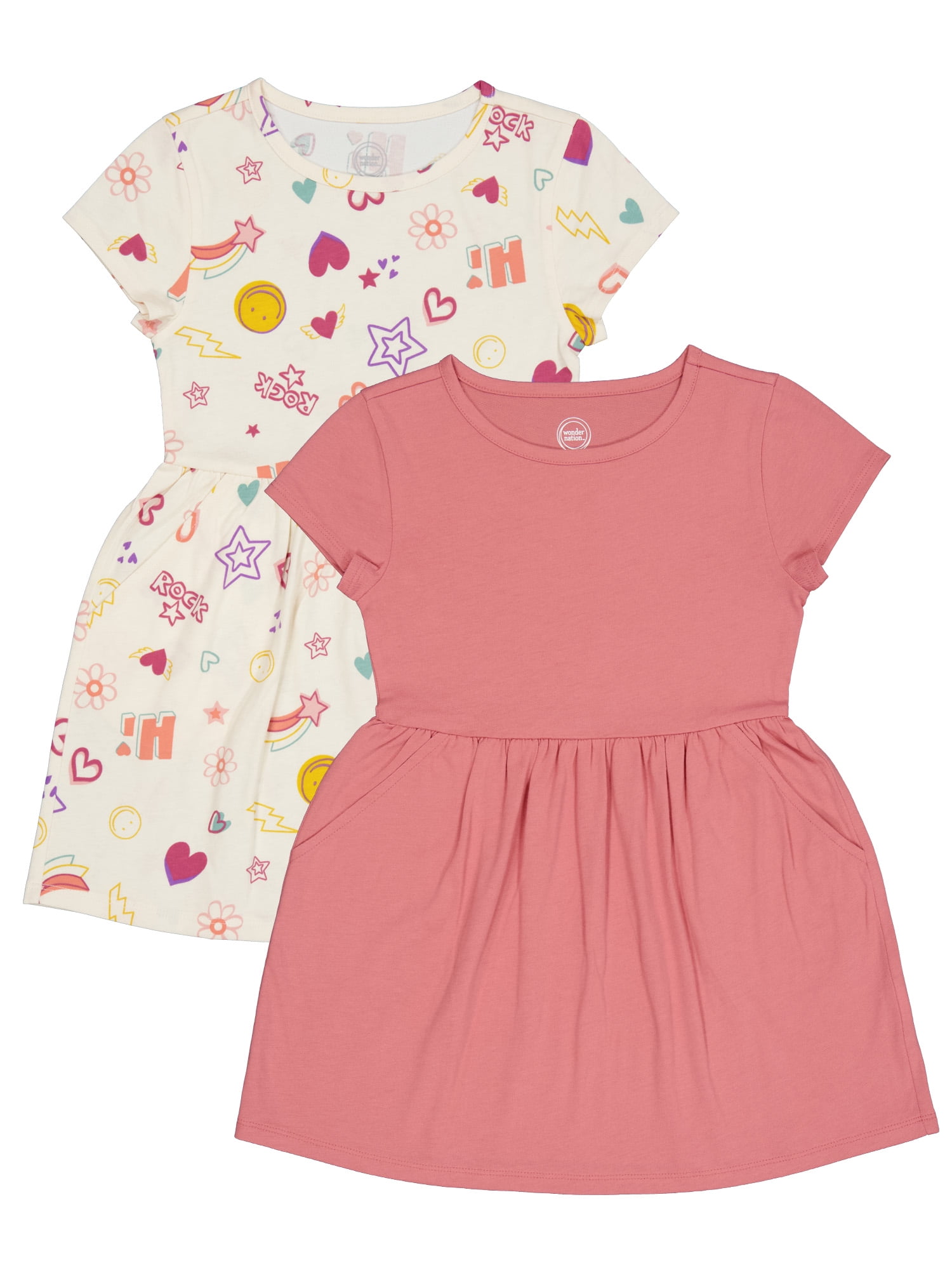 Wonder Nation Girls 2-Pack Short Sleeve Play Dress, Sizes 4-18 & Plus ...