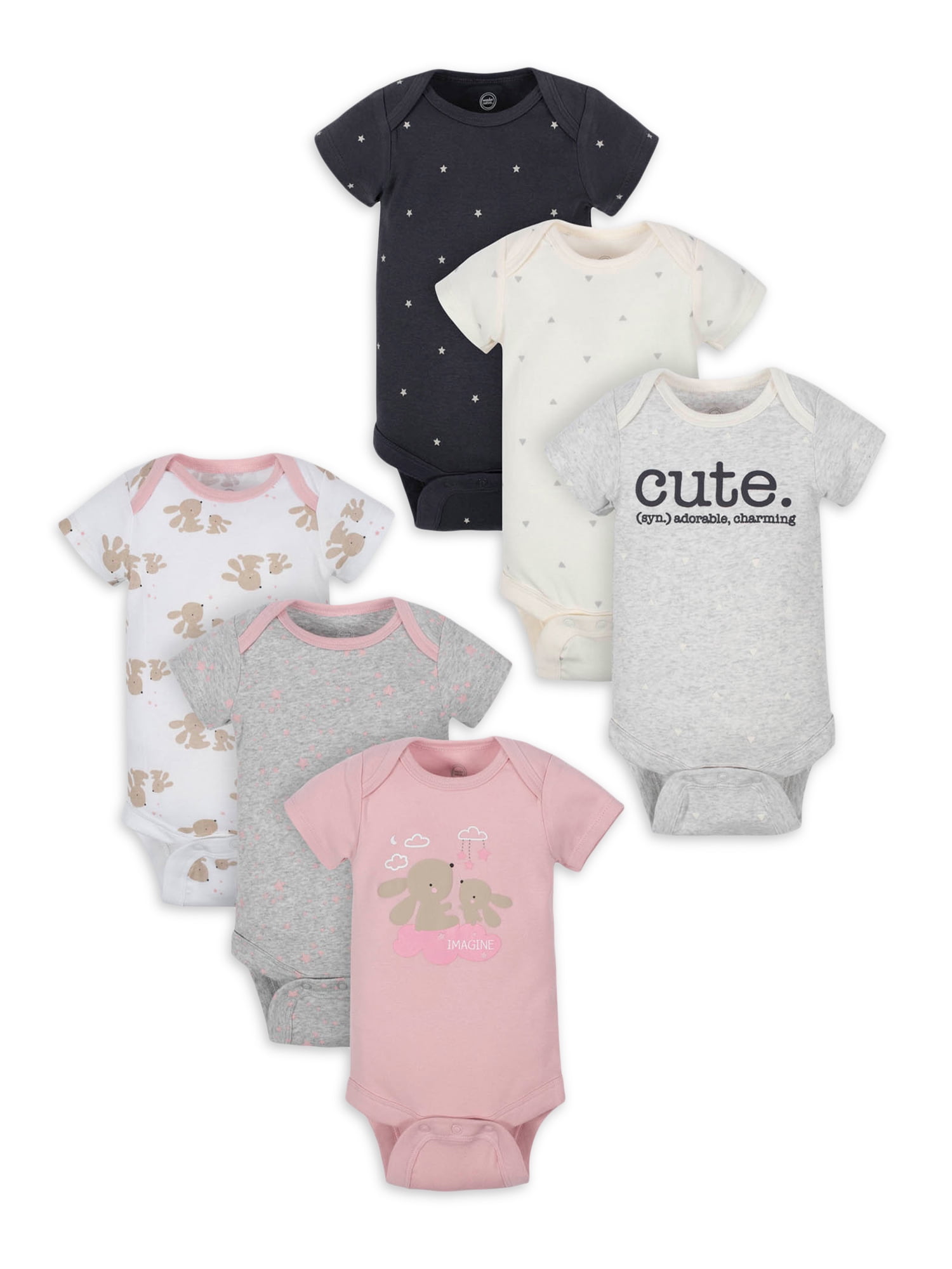 Wonder Nation Baby Girls Short Sleeve Bodysuits, 6-Pack (Newborn- 24M ...