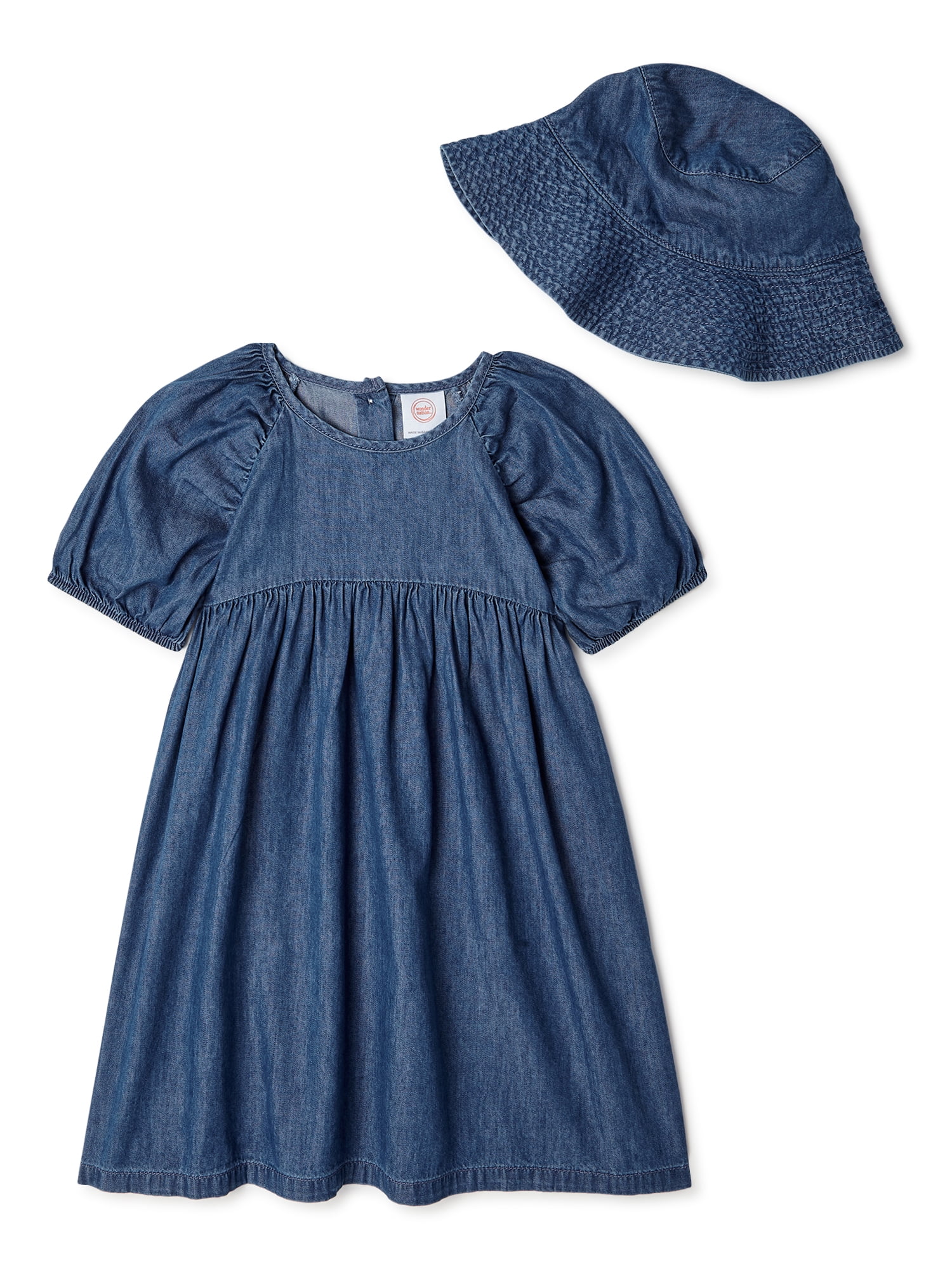 Wonder Nation Girls Twirl Flare Dress Set with Bucket Hat, Sizes 0/3M ...