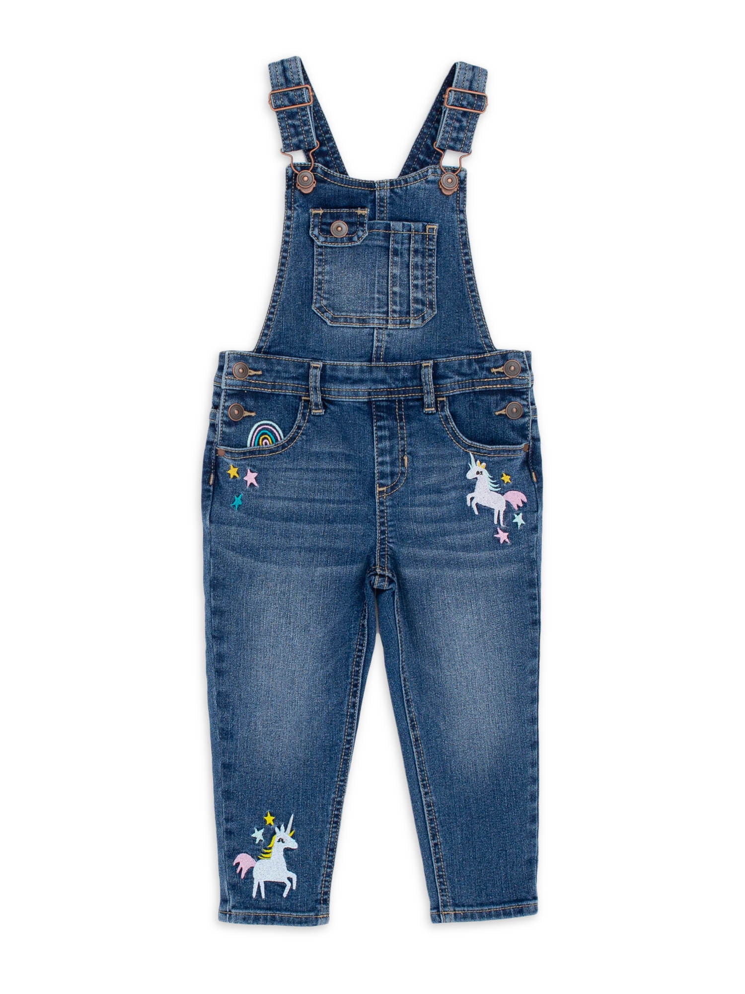 Wonder Nation Girls Embroidered Denim Overalls - Walmart.com