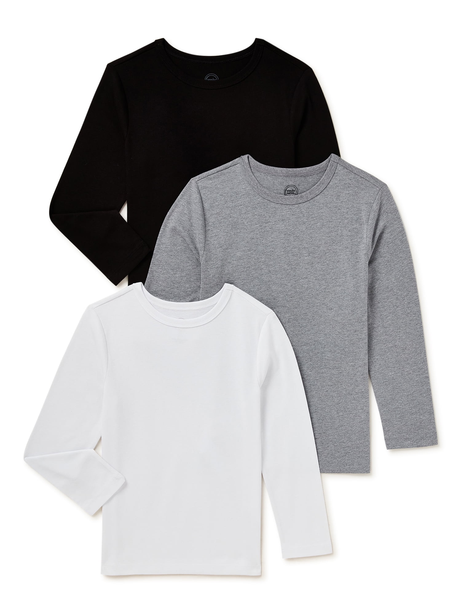 Wonder Nation Boys Kid Tough Crewneck Tee with Long Sleeves, 3-Pack, Sizes 4-18 & Husky ...