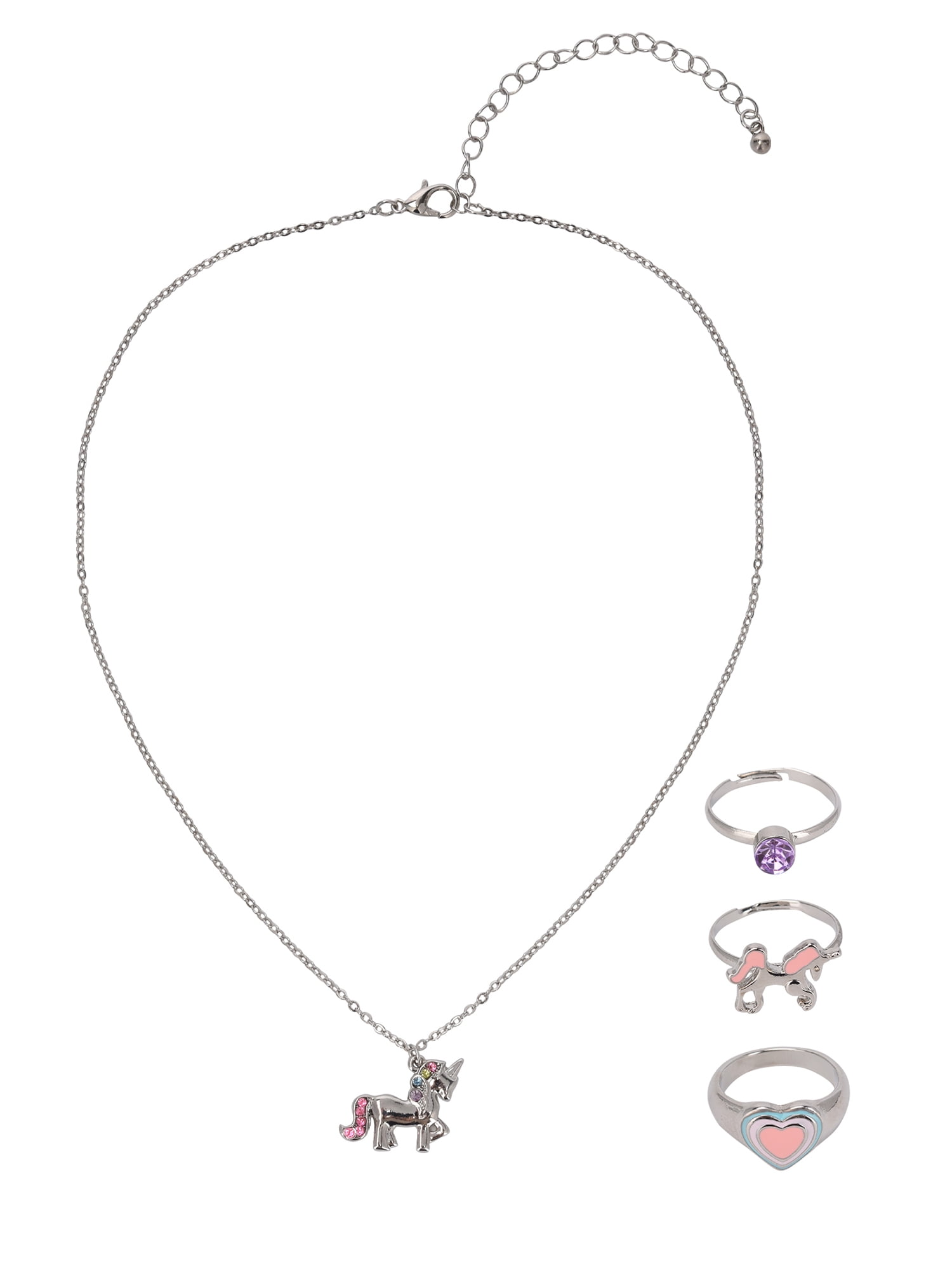 Wonder Nation Female Silver Tone Unicorn Necklace And Ring Set With A 16 Chain And Extender
