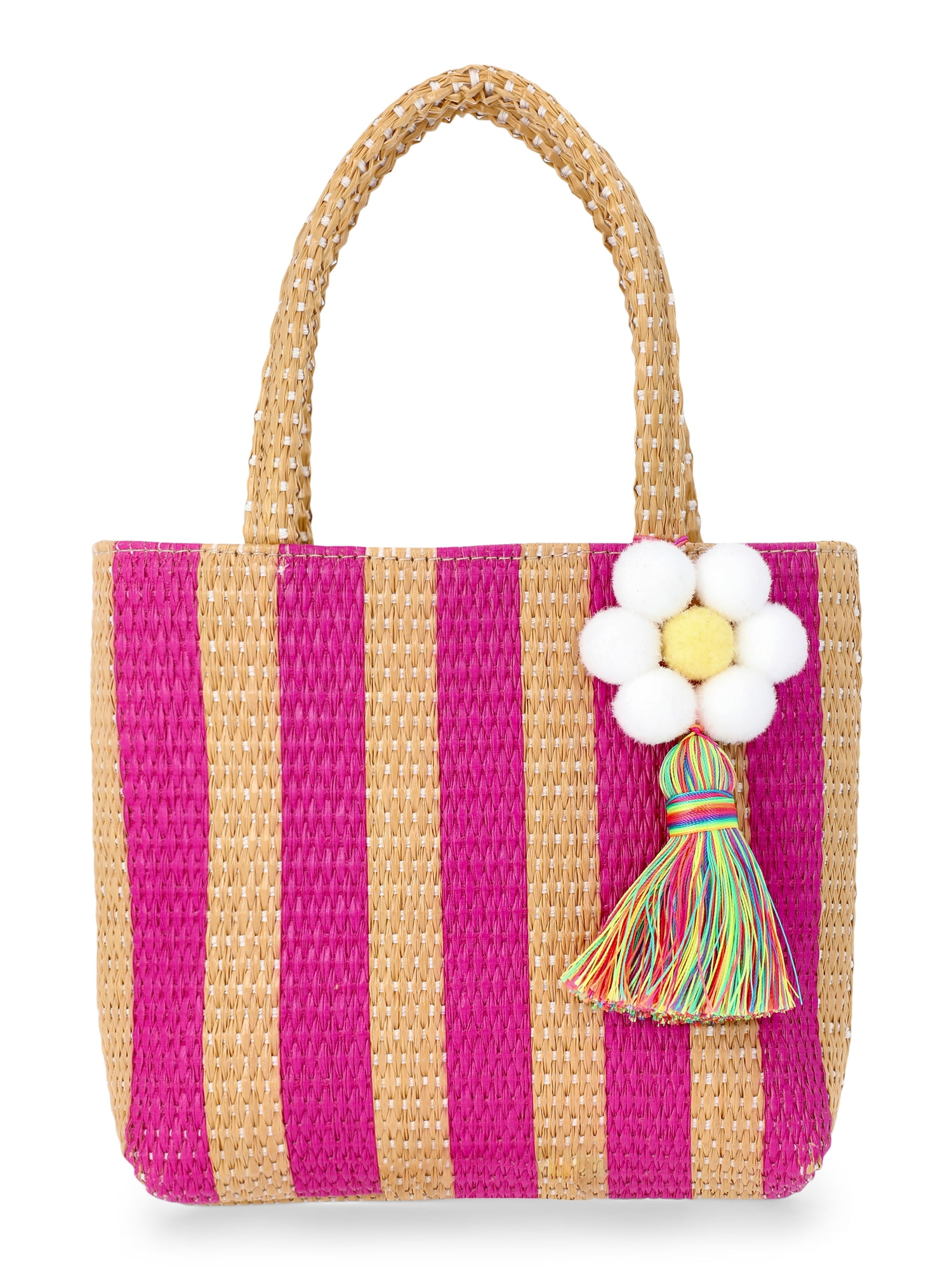 Wonder Nation Girls Straw Mini Tote Bag with Daisy Motif, Pink Stripes ...