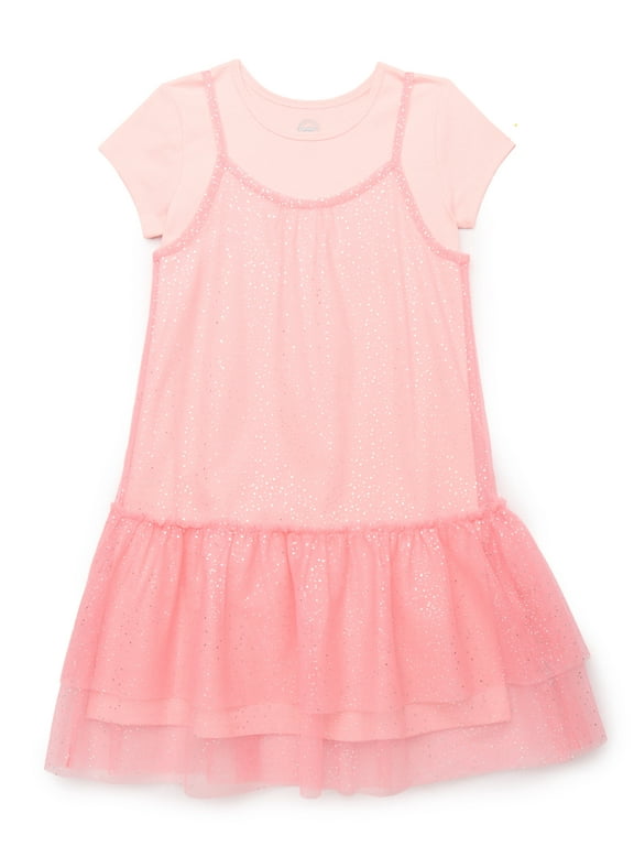 Wonder Nation Girls Denim Ruffle Shirt Dress with Short Sleeves, Sizes ...