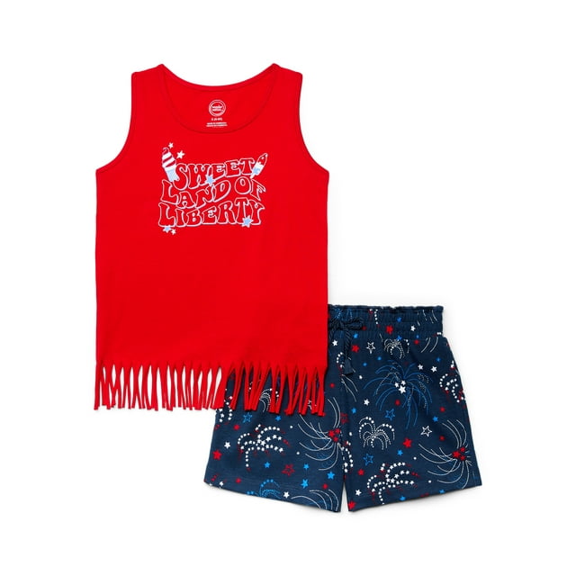 Wonder Nation Girls Americana Graphic Fringe Tank Top and Shorts Set, 2 ...