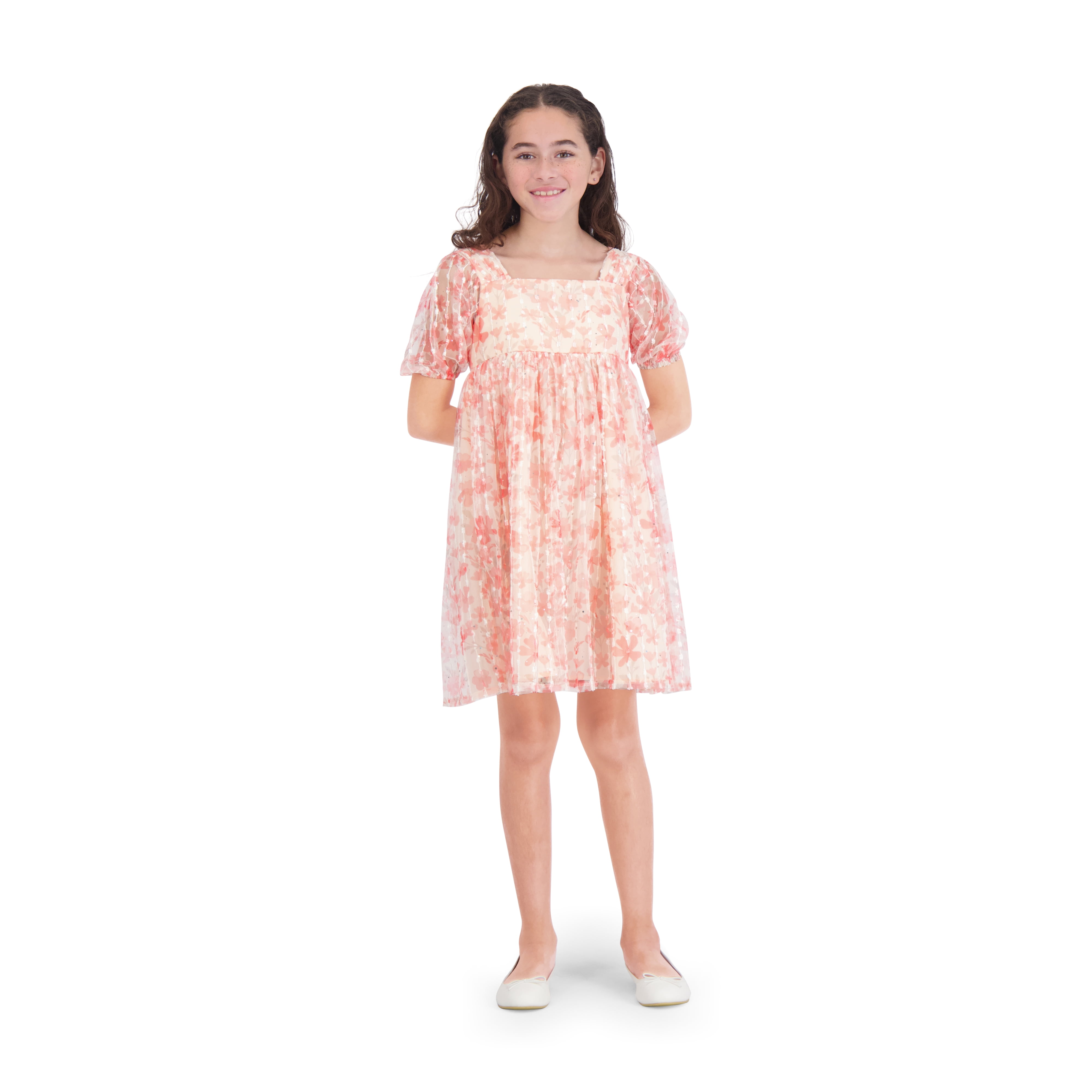 Wonder Nation Girls Apricot Printed Metallic Mesh Dress, Sizes 4-16 ...