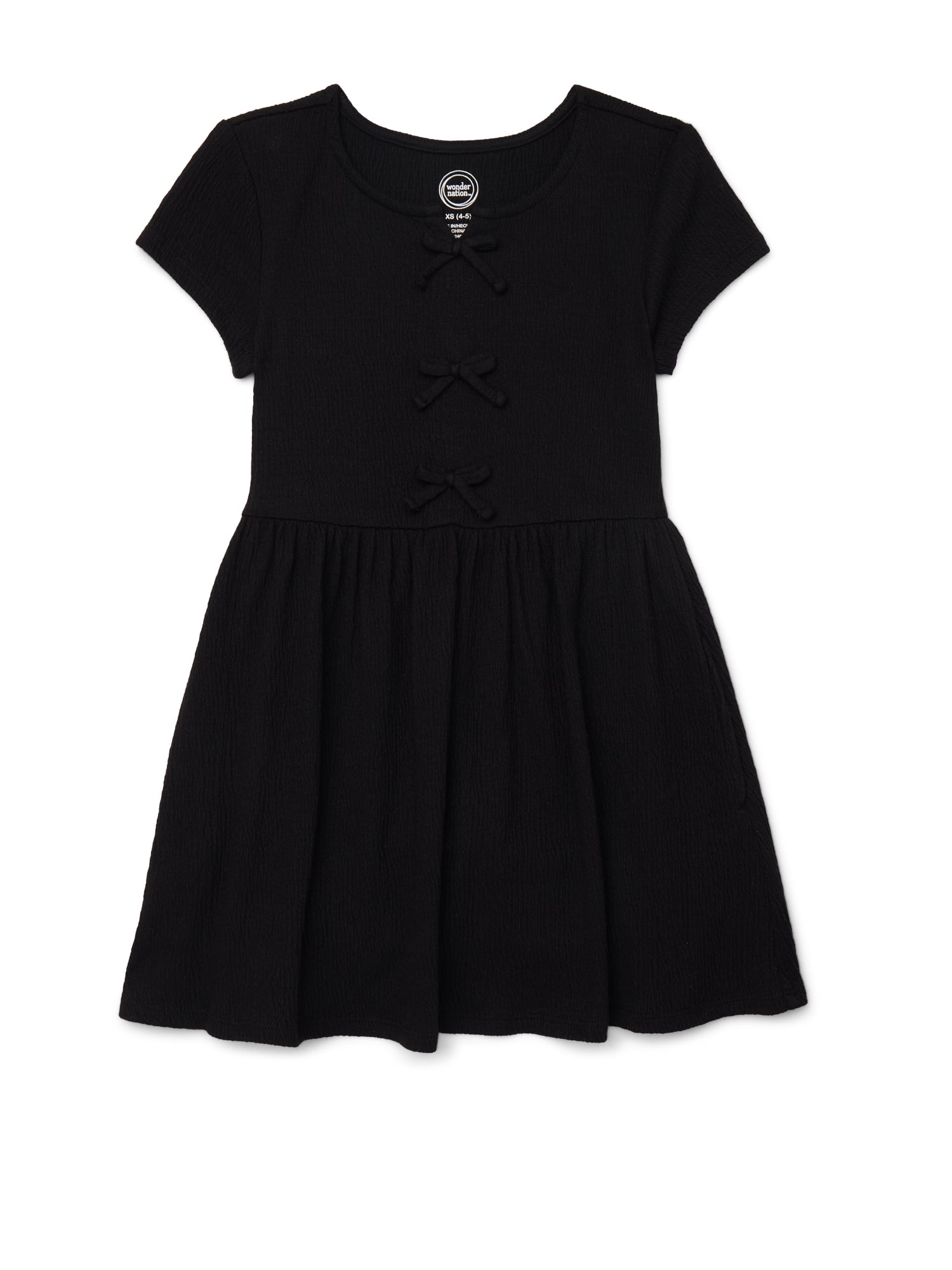 Wonder Nation Girls Bow Front Skater Dress with Short Sleeves, Sizes 4 ...
