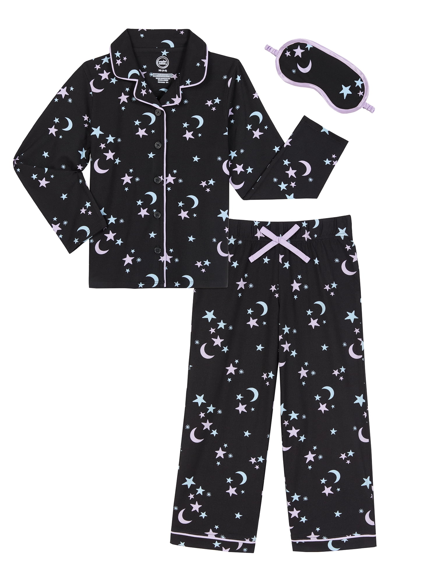 Wonder Nation Girls Button Front Long Sleeve Top & Pant Pajama Set with ...