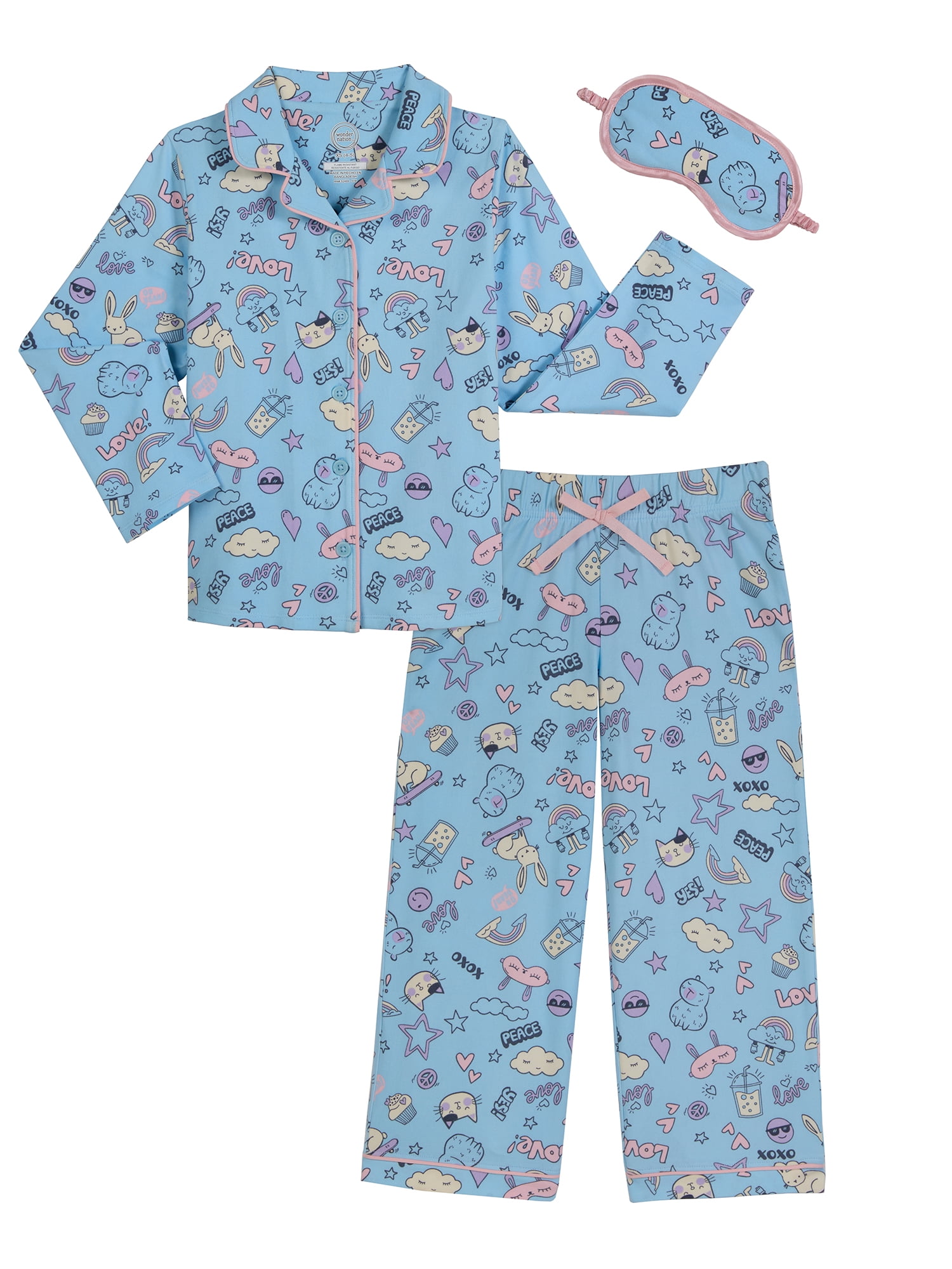 Wonder Nation Girls Button Front Long Sleeve Top & Pant Pajama Set with ...