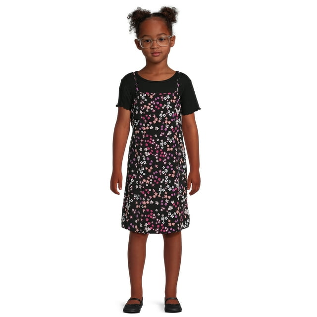 Wonder Nation Girls Floral Slip Dress with Tee Set, Adjustable Straps ...