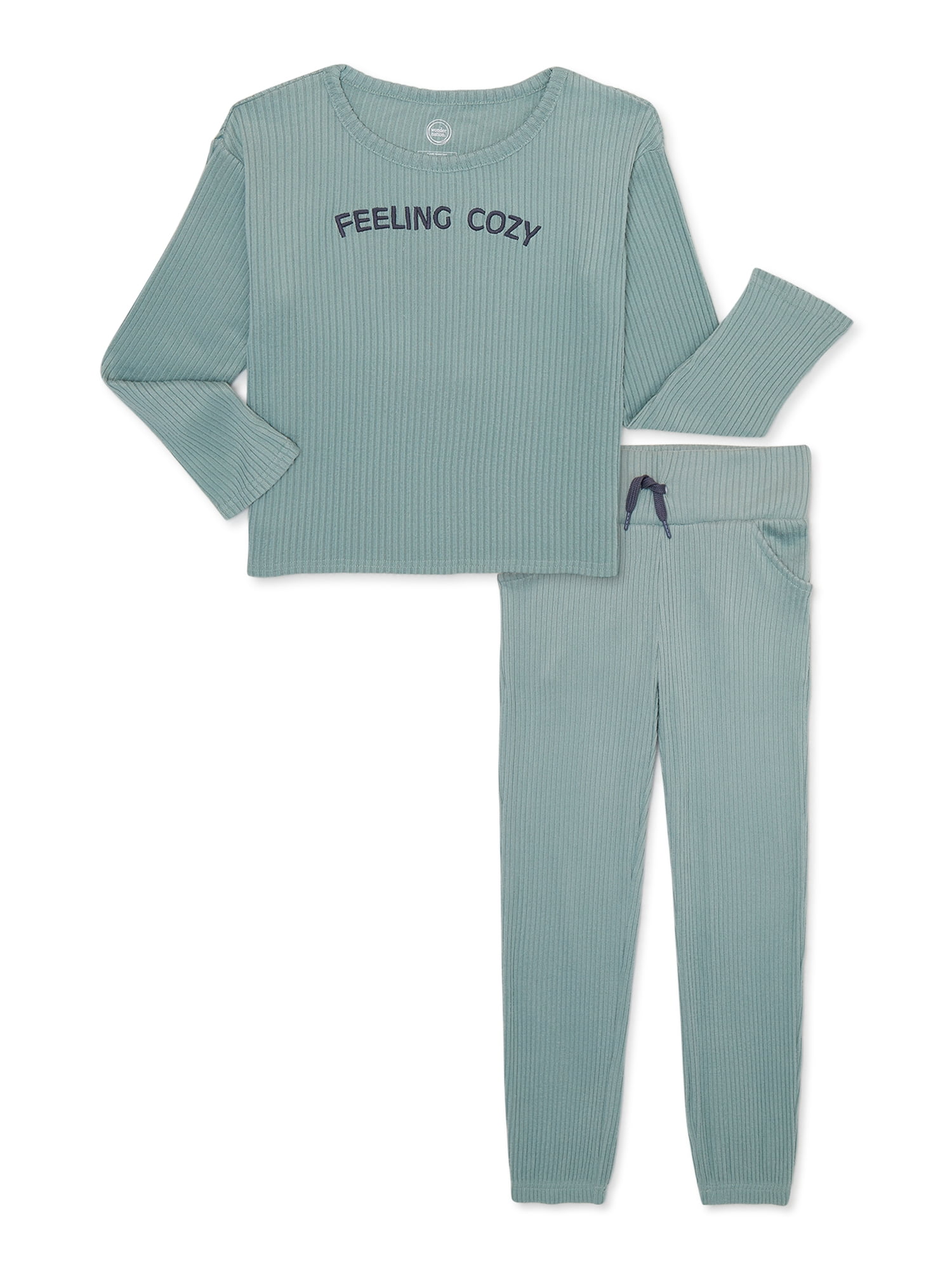 Wonder Nation Girls Cozy Rib Long Sleeve and Pant Pajamas Set, Sizes 4 ...