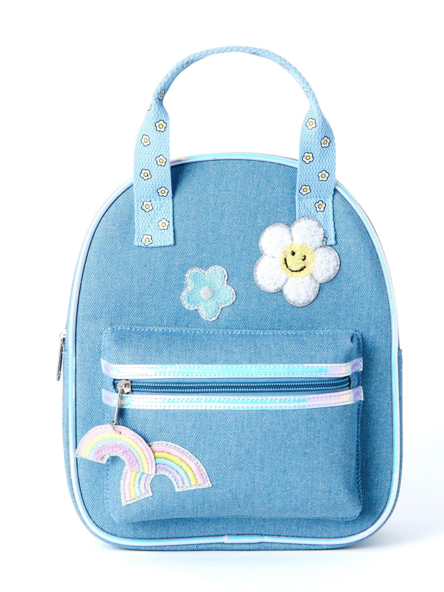 Wonder Nation Girls Denim Mini Backpack with Flower and Rainbow Patches ...