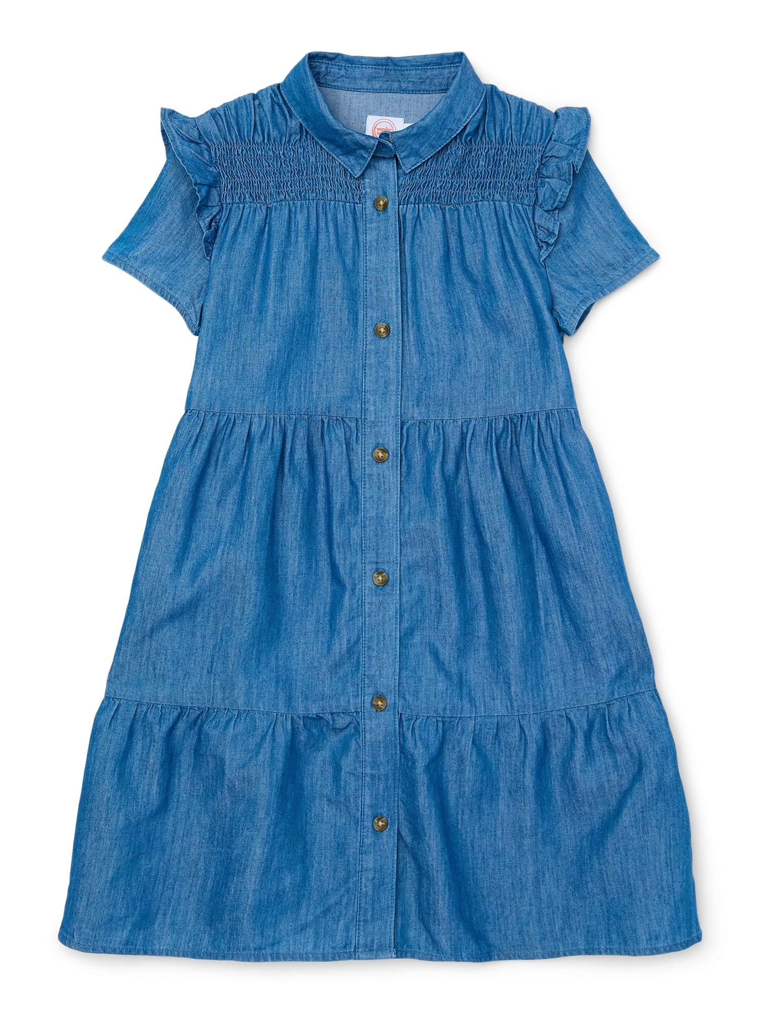 Wonder Nation Girls Denim Ruffle Shirt Dress with Short Sleeves, Sizes ...
