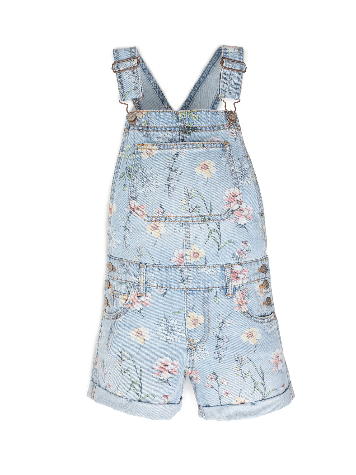 Wonder Nation Girls Floral Denim Shortall with Pockets, Sizes 4-18 ...