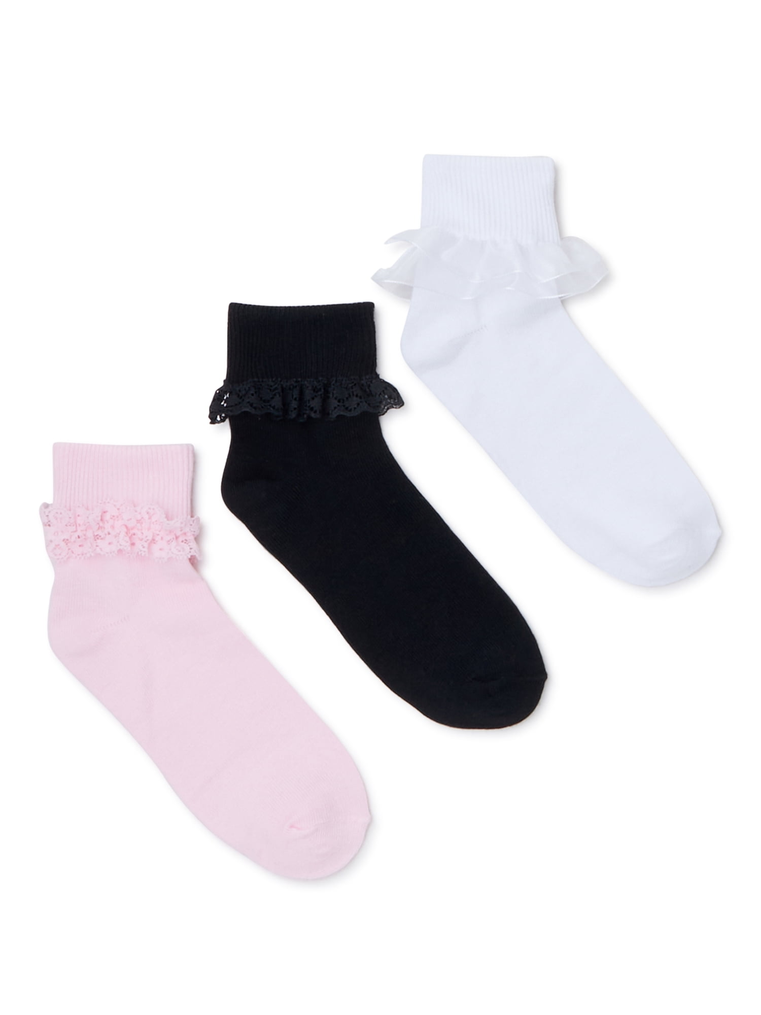 Wonder Nation Girls Dress Socks 3 Pack Sizes S-L Lace Frilly Trim ...