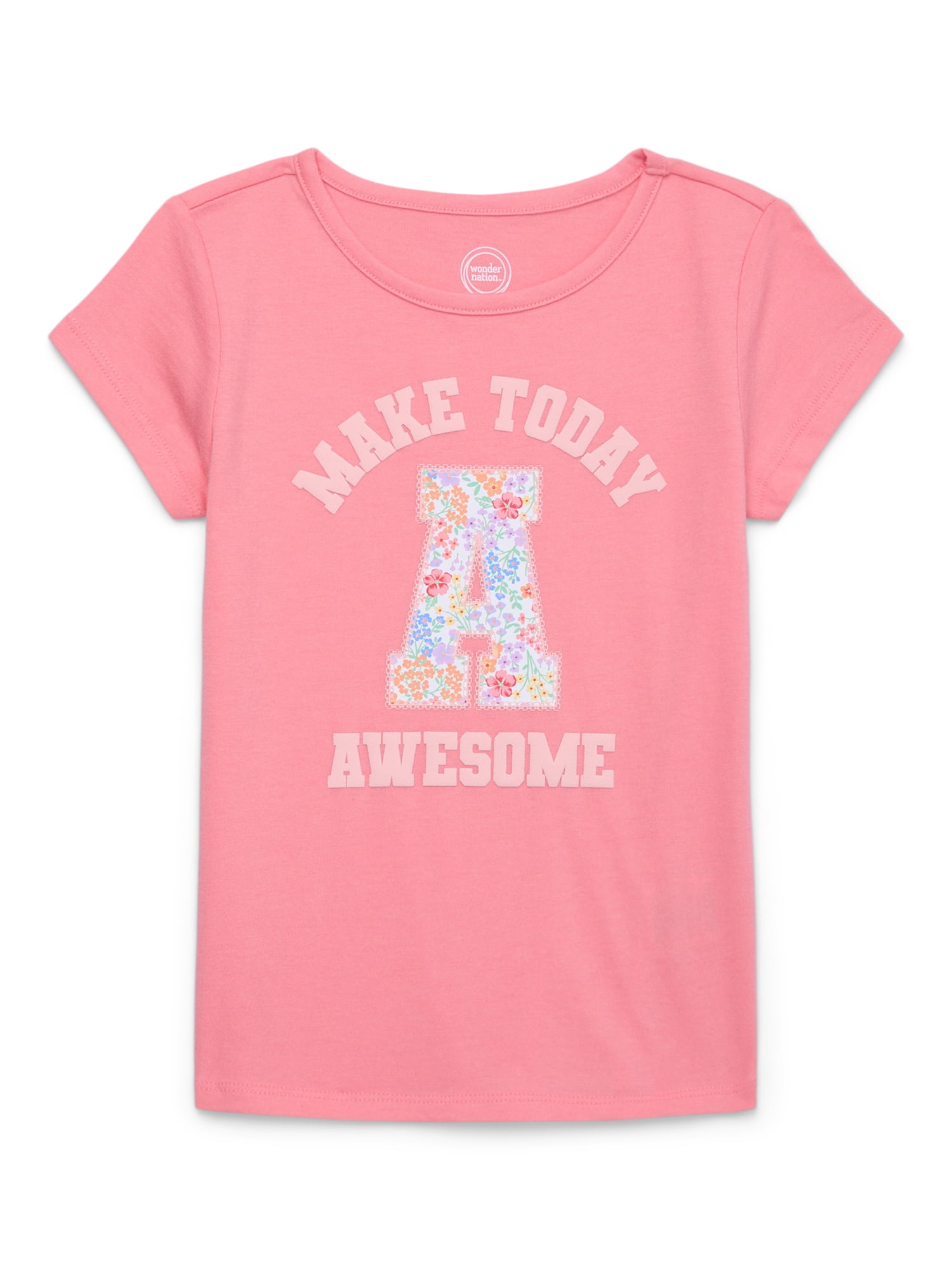 Wonder Nation Girls Embellished Graphic Tee with Short Sleeves, Cotton ...