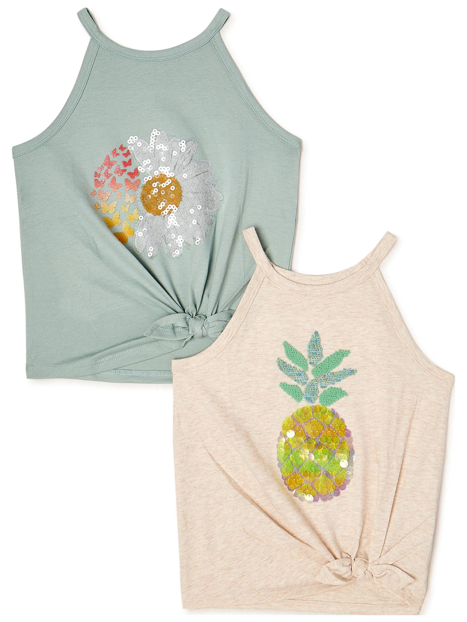 Wonder Nation Girls Embellished Graphic Tie Front Tank Tops, 2-Pack ...