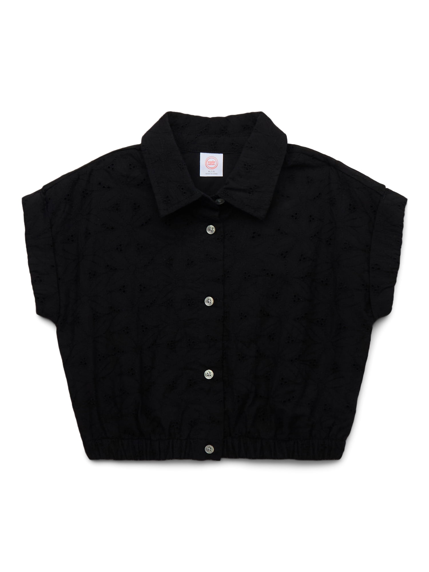 Wonder Nation Girls Eyelet Button Up Top with Short Sleeves, Sizes 4-18 ...