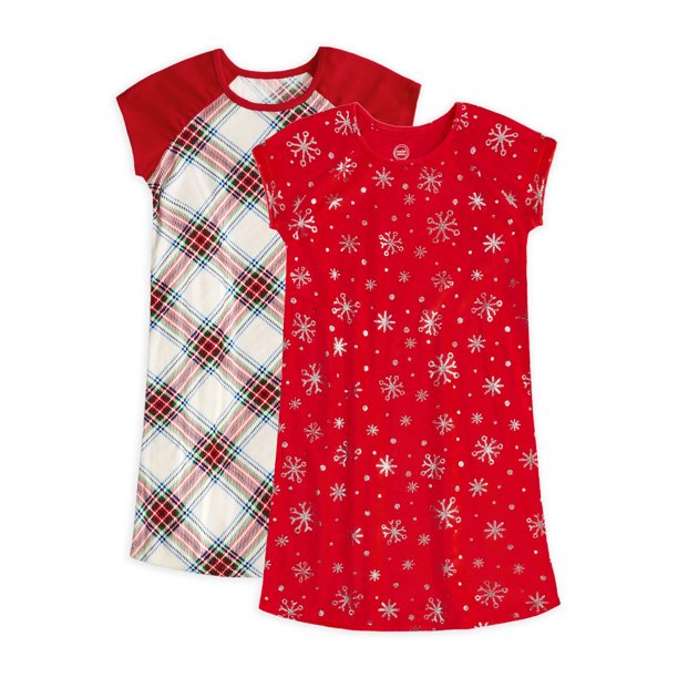 Wonder Nation Girls Fleece Holiday Short Sleeve Nightgown 2 Pack
