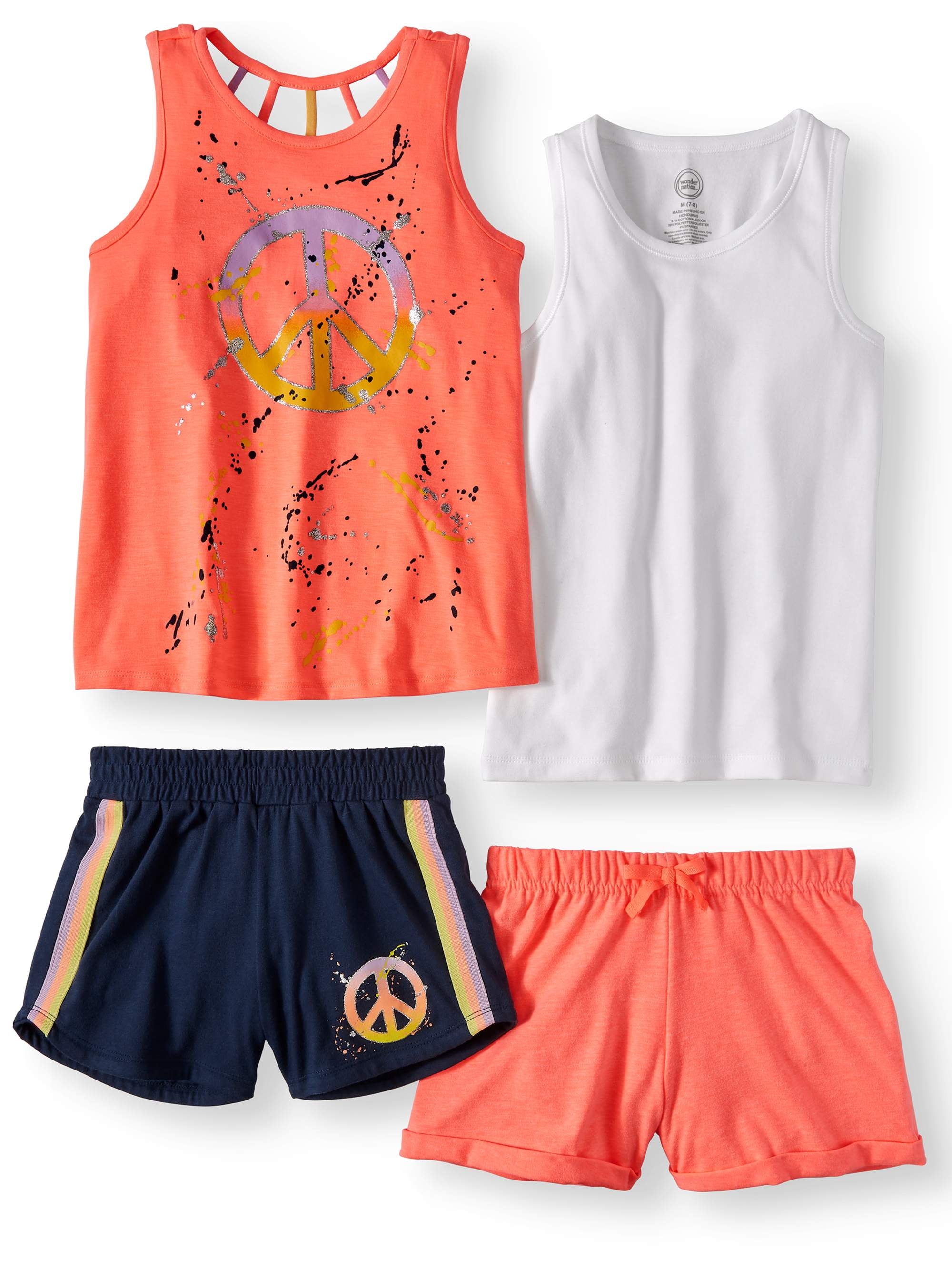 Wonder Nation Girls Graphic Tank Tops and Shorts, 4-Piece Mix and Match ...