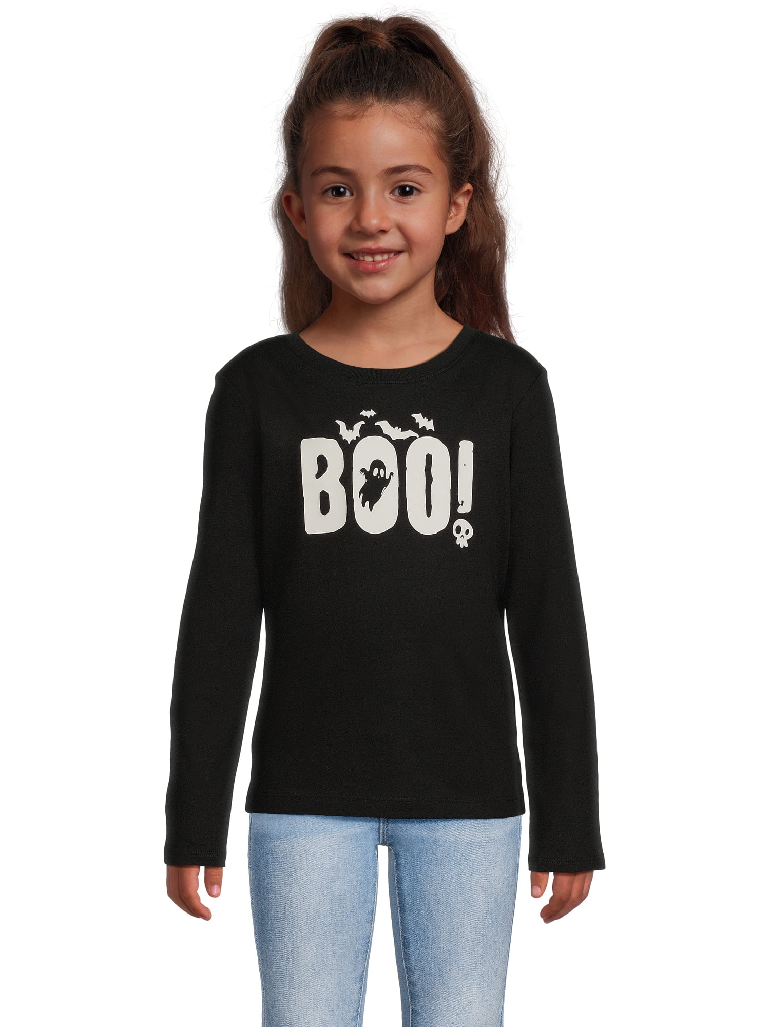 Wonder Nation Girls Halloween Boo Long Sleeve T-Shirt, Sizes 4-16 ...