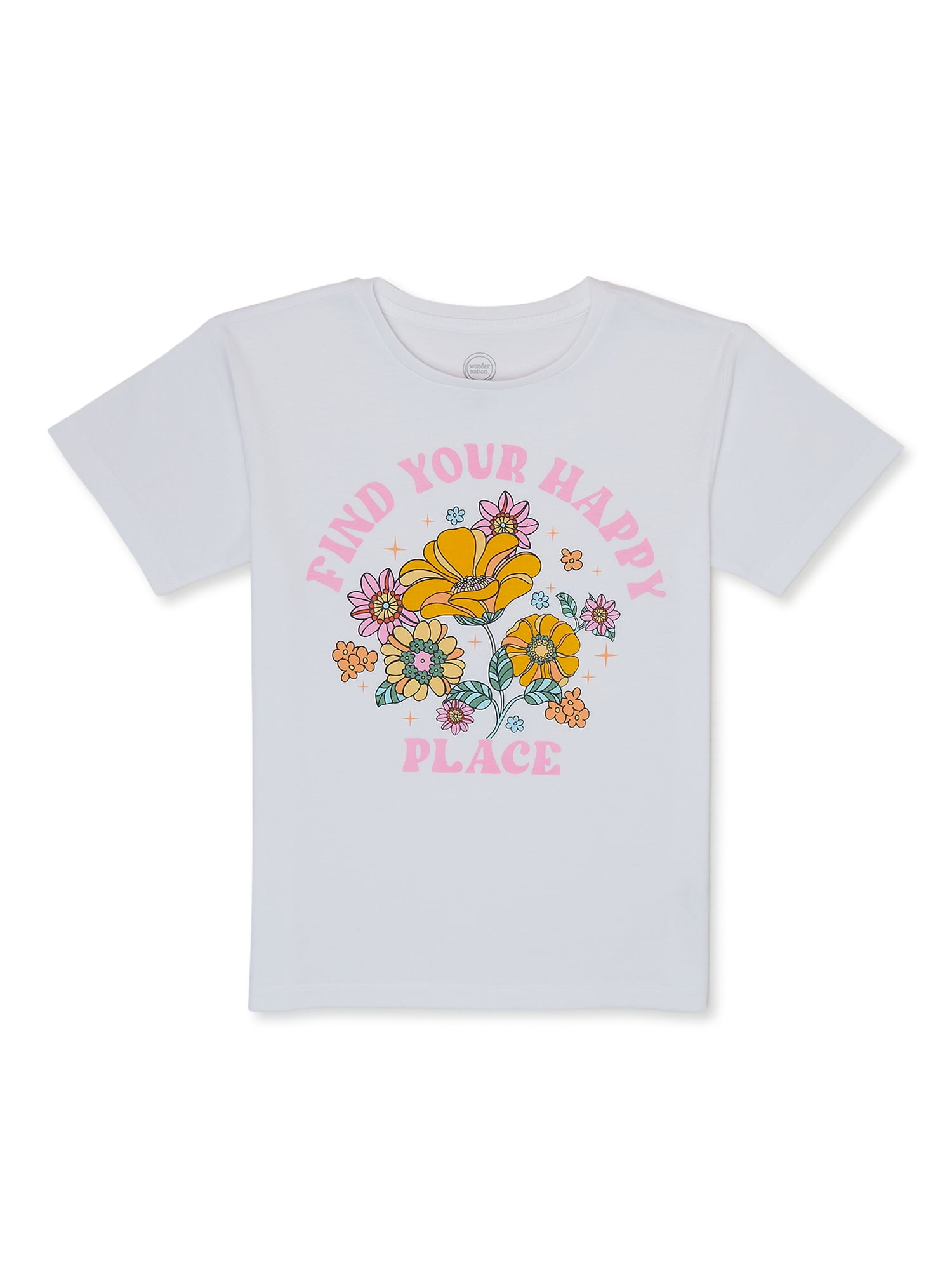Wonder Nation Girls Happy Place Graphic Print T-Shirt, Sizes XS-2X ...