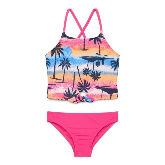 Wonder Nation Girls High Neck Tankini Swimsuit with UPF 50, 2-Piece ...