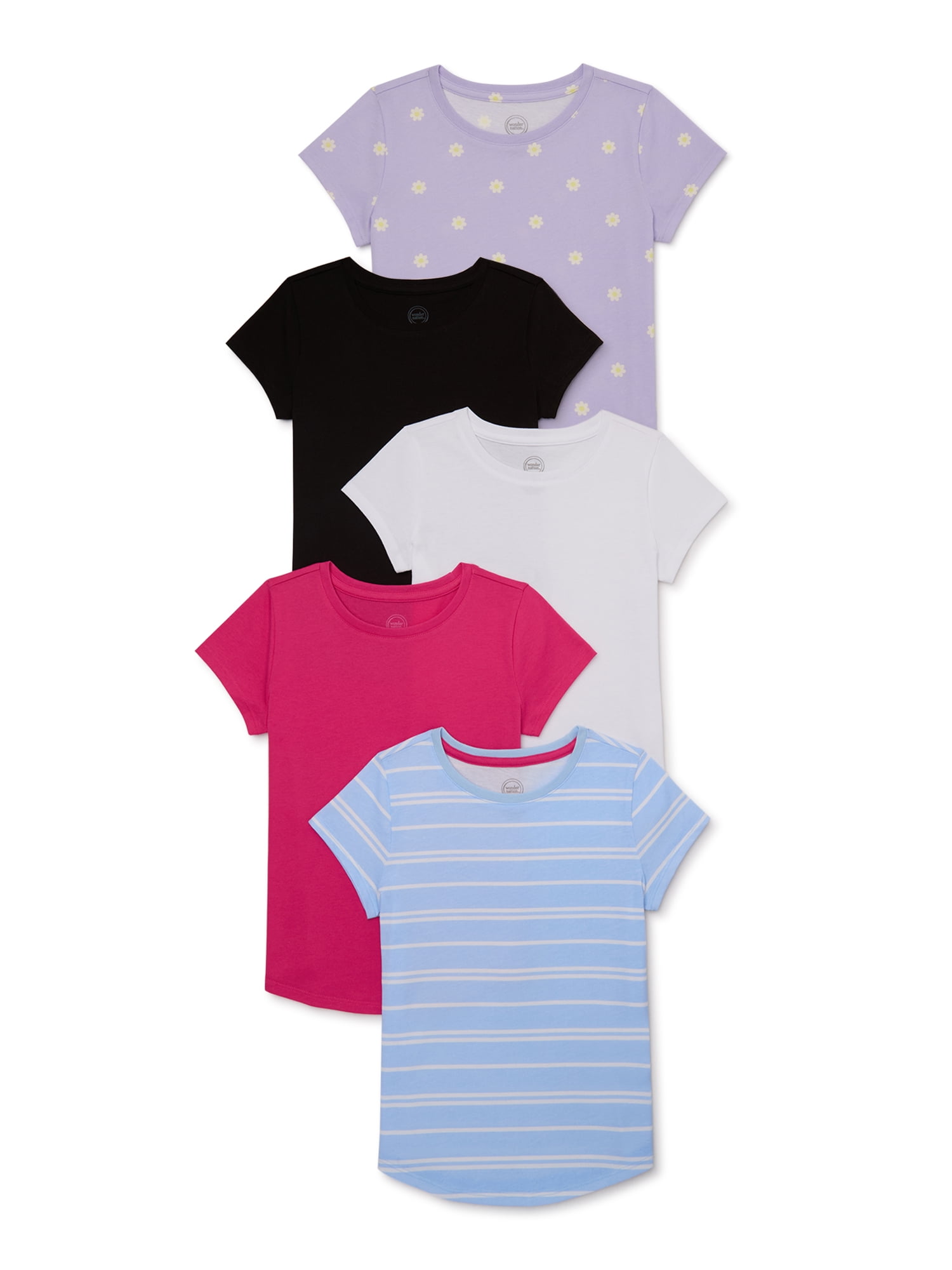 Wonder Nation Girls Kid Tough T-Shirts 5-Pack, Short Sleeves, Sizes 4 ...