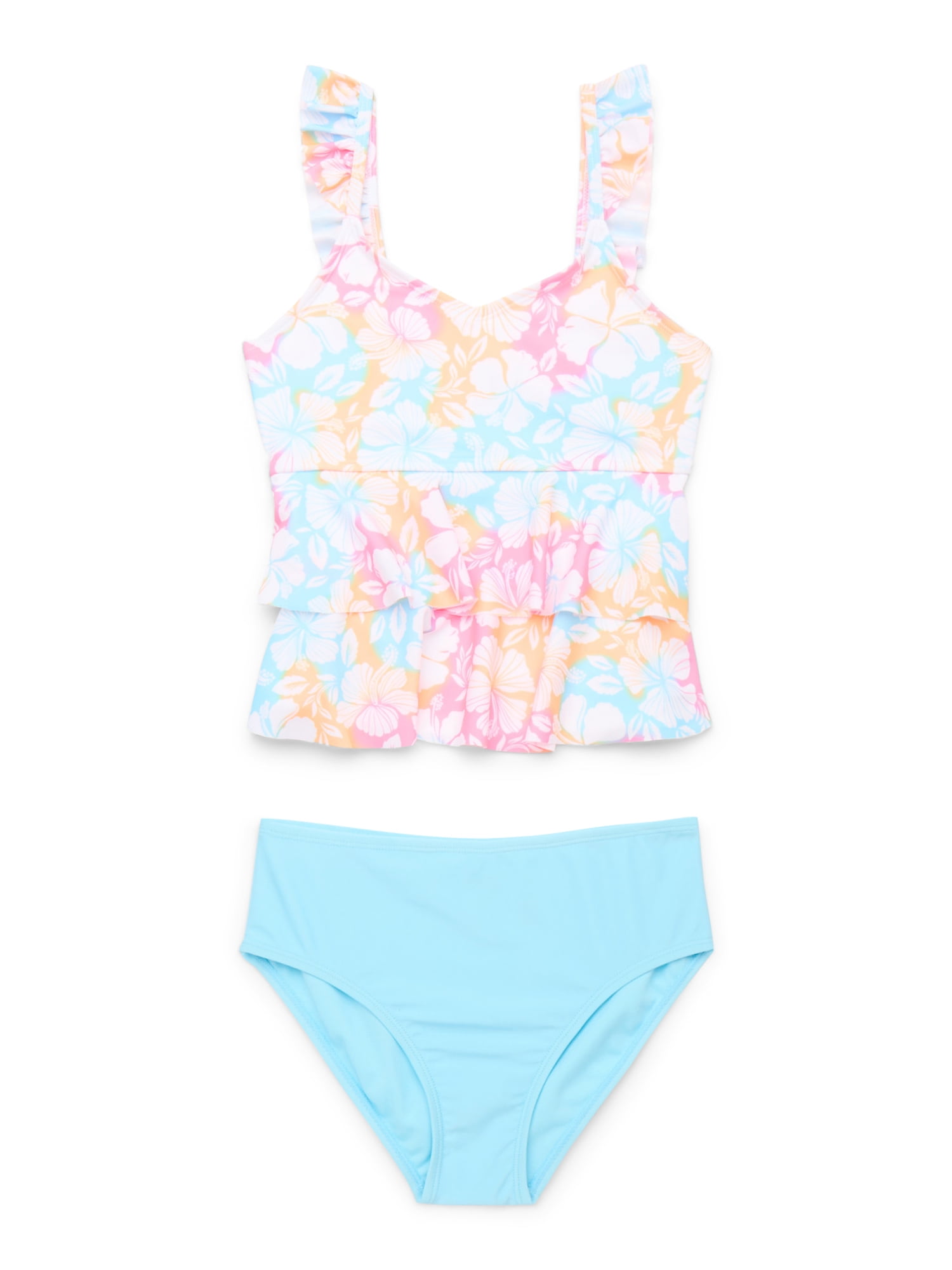 Wonder Nation Girls Layered Ruffle Tankini Swimsuit with UPF50+, 2 ...