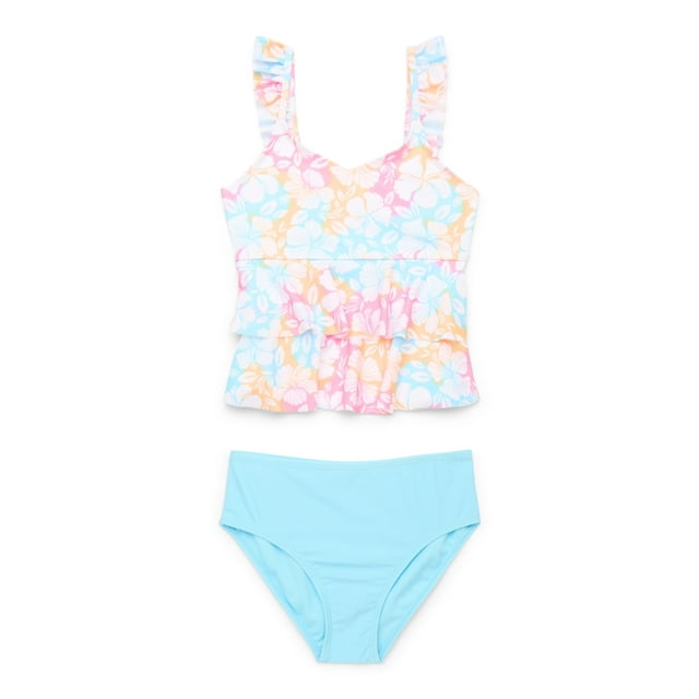 Wonder Nation Girls Layered Ruffle Tankini Swimsuit with UPF50+, 2 ...