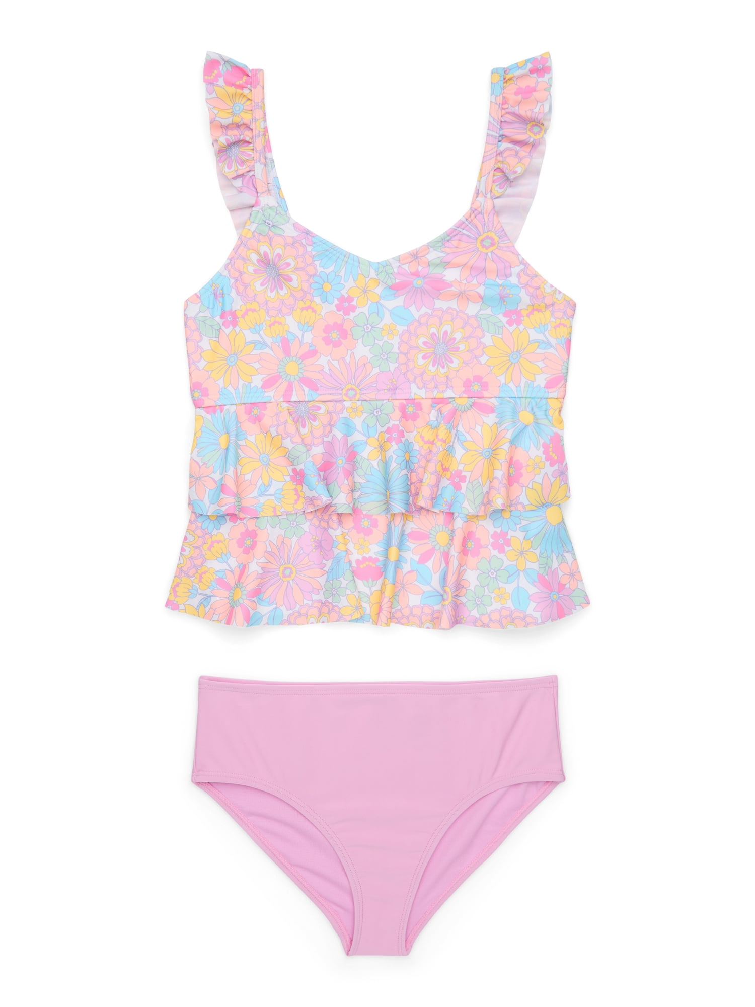 Wonder Nation Girls Layered Ruffle Tankini Swimsuit with UPF 50, 2 ...