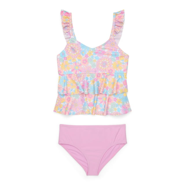 Wonder Nation Girls Layered Ruffle Tankini Swimsuit with UPF 50, 2 ...