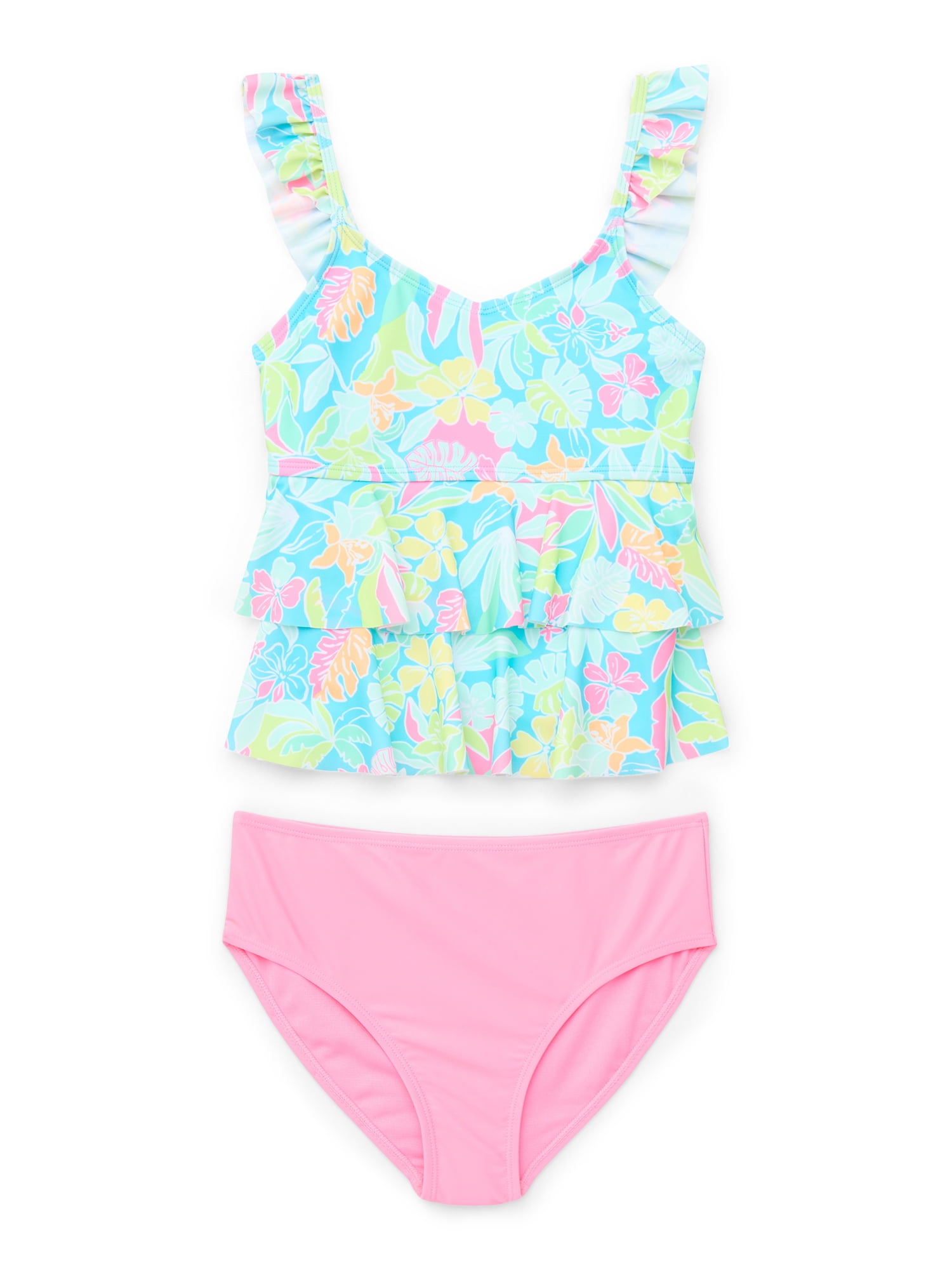 Wonder Nation Girls Layered Ruffle Tankini Swimsuit with UPF50+, 2 ...