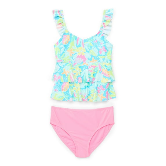 Wonder Nation Girls Layered Ruffle Tankini Swimsuit with UPF50+, 2 ...