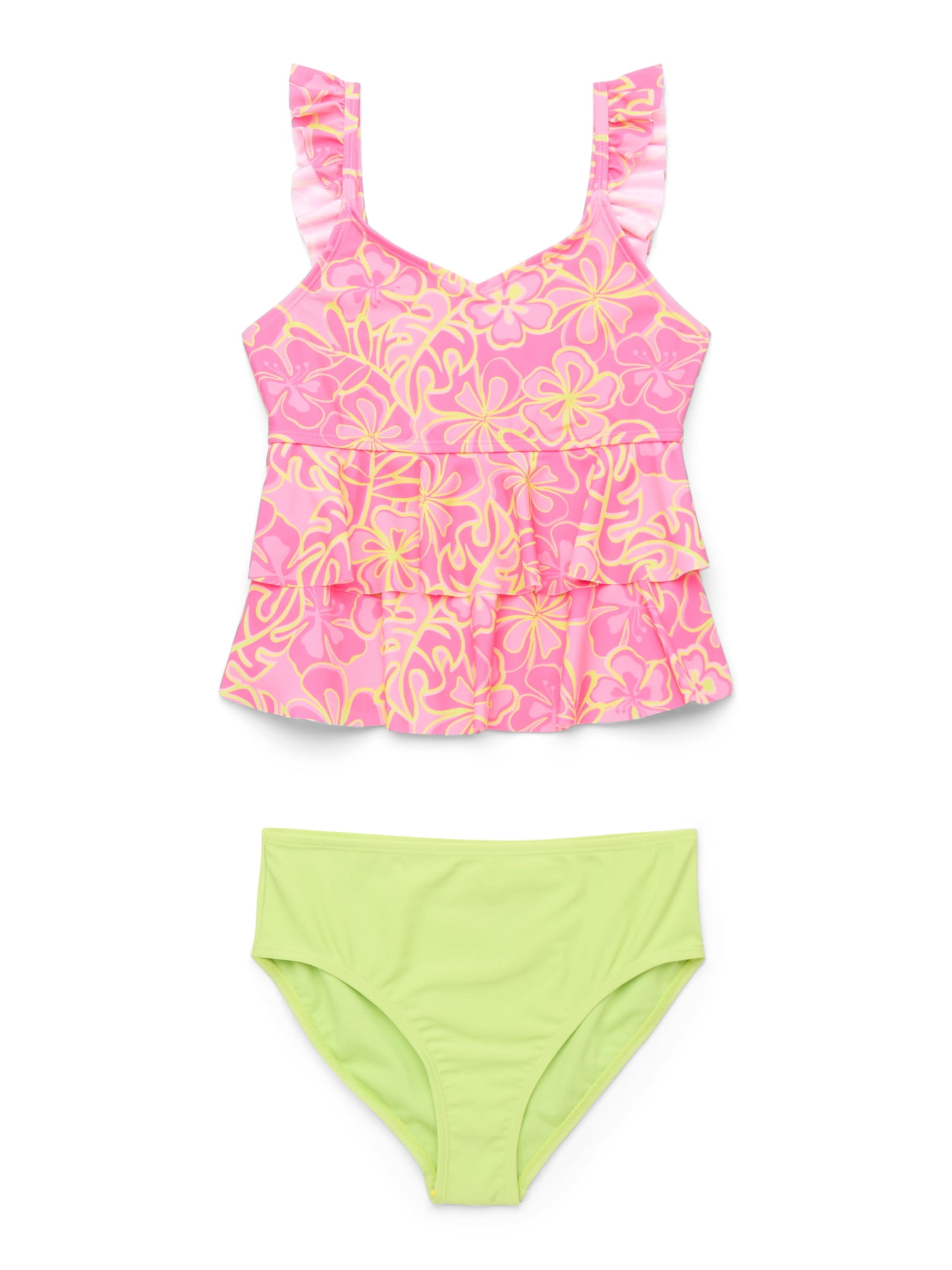 Wonder Nation Girls Layered Ruffle Tankini Swimsuit with UPF50+, 2 ...