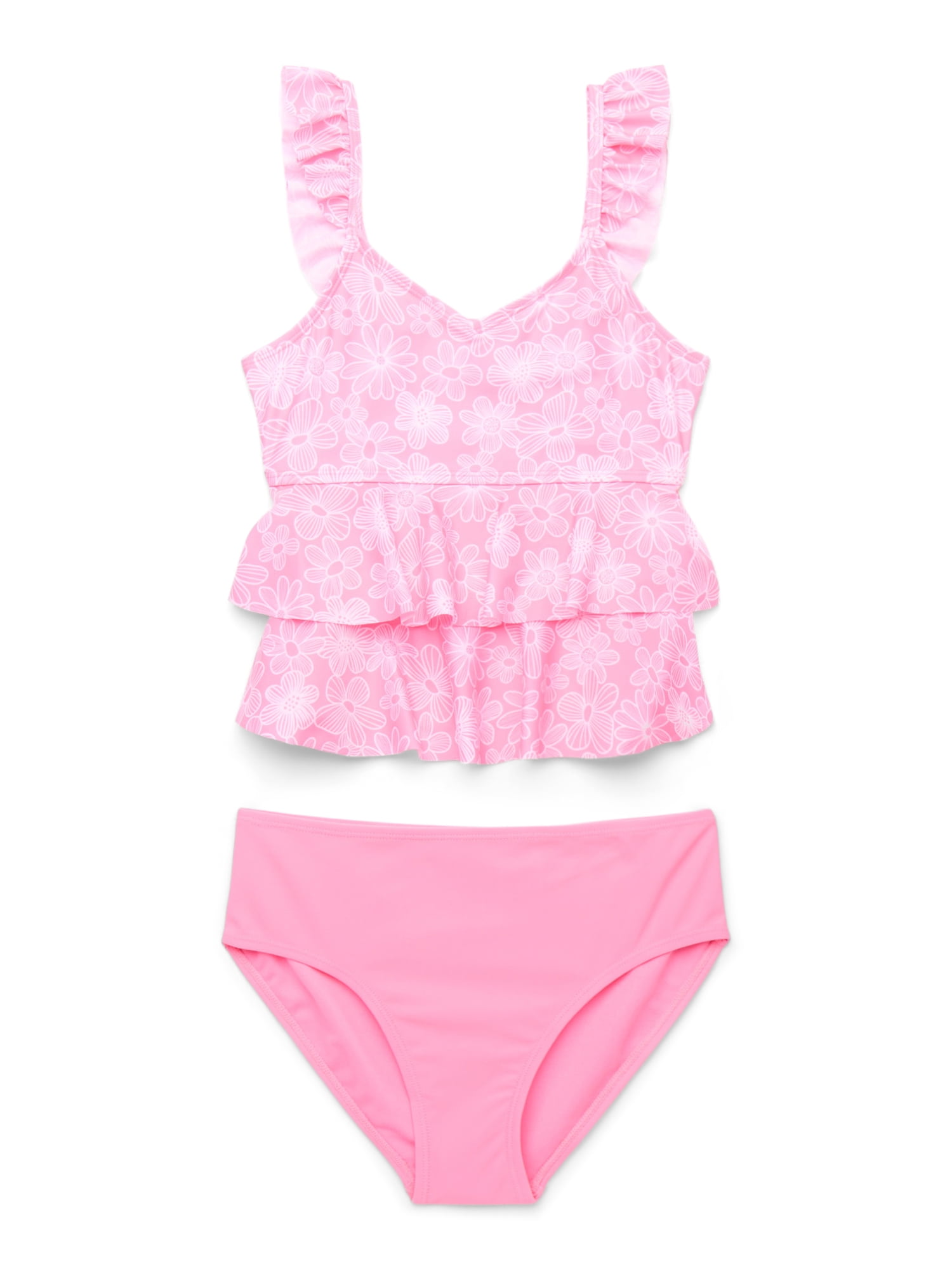 Wonder Nation Girls Layered Ruffle Tankini Swimsuit with UPF50+, 2 ...
