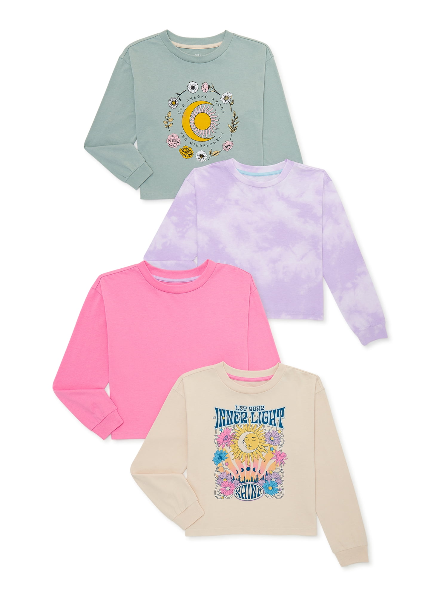 Wonder Nation Girls Long Sleeve Graphic T-Shirts, 4-Pack, Sizes 4-18 ...