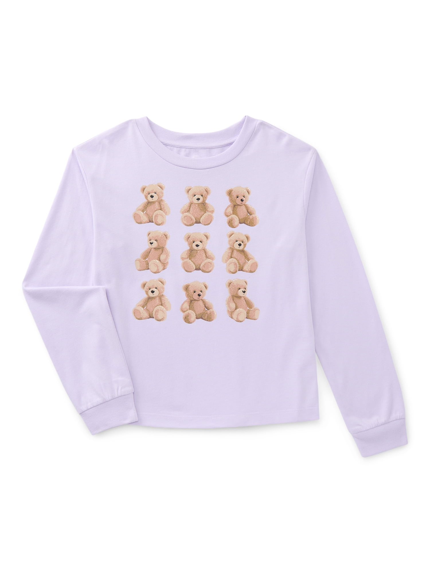 Wonder Nation Girls Bear Grid Graphic Tee with Long Sleeves, Sizes 4 ...