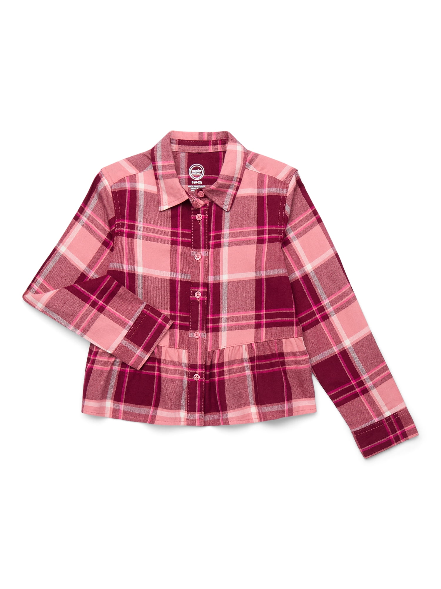 Wonder Nation Girls' Peplum Hem Flannel Shirt with Long Sleeves, Sizes ...