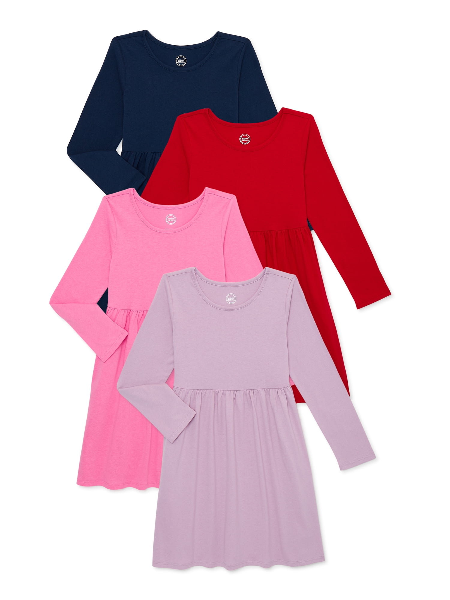 Wonder Nation Girls Long Sleeve Play Dress, 4-Pack, Sizes 4-18 & Plus ...