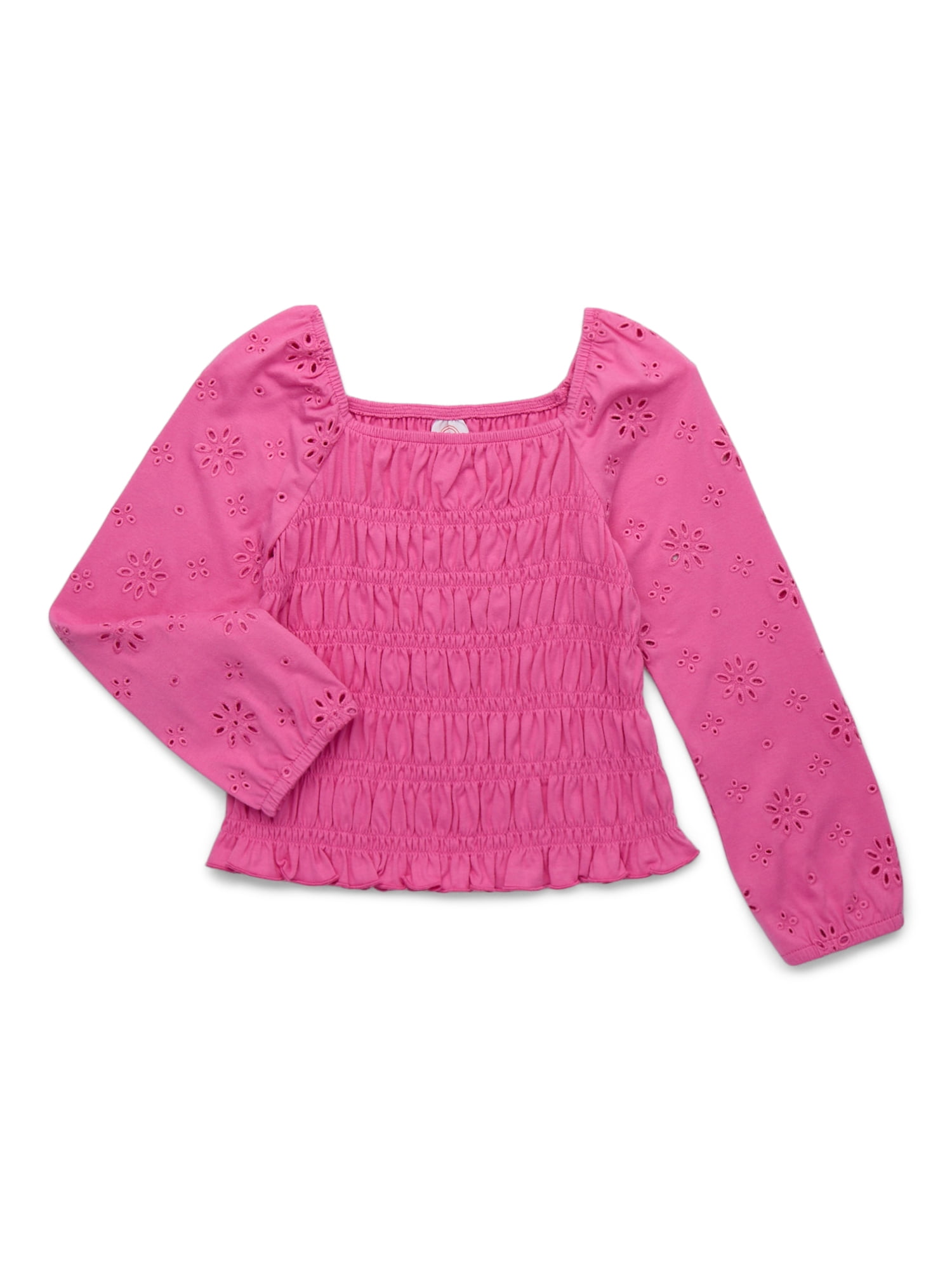 Wonder Nation Girls Smocked Eyelet Top with Long-Sleeves Wonder Nation Girls Smocked Eyelet Top with Long-Sleeves